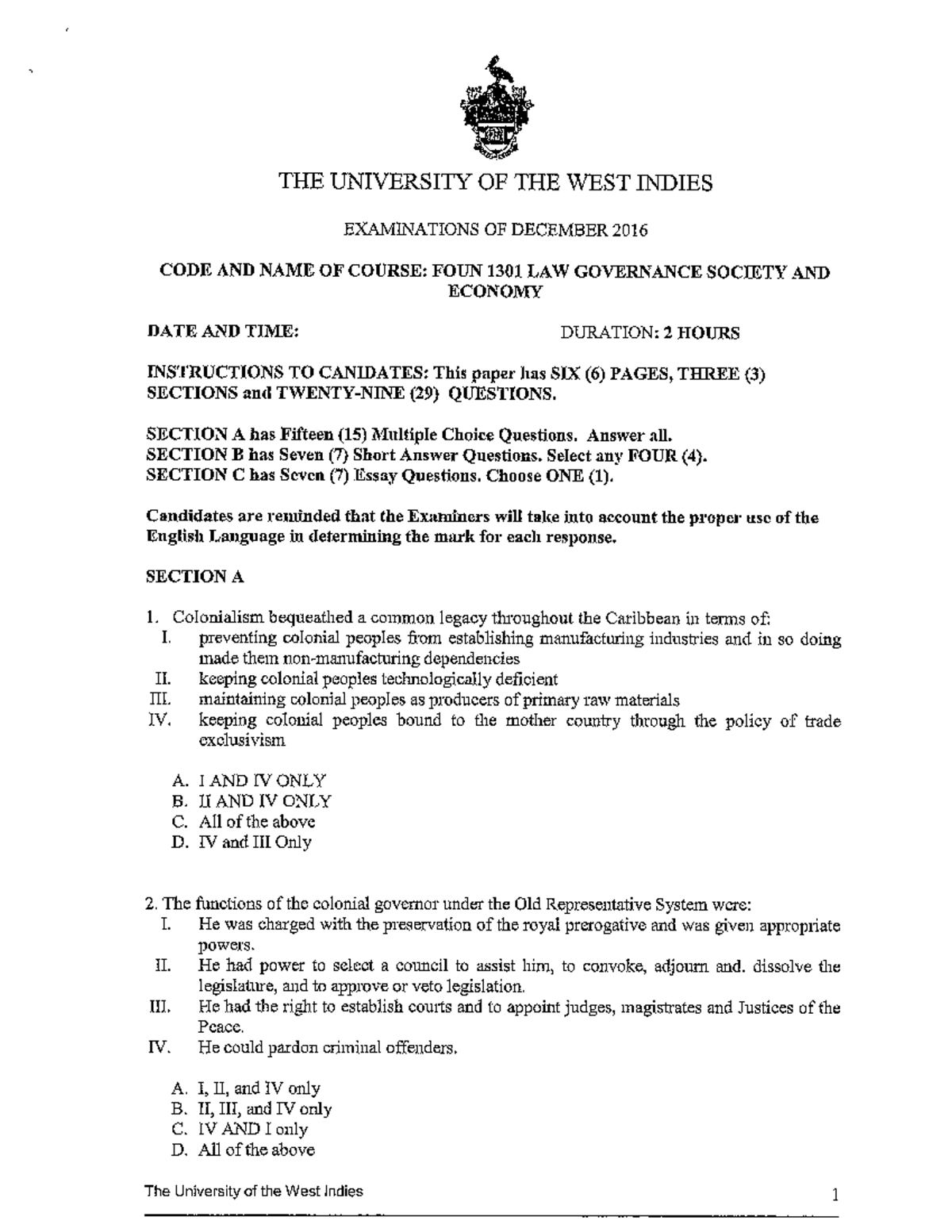 FOUN13012016 10 - Law past paper. - Law, Governance, Economy and ...
