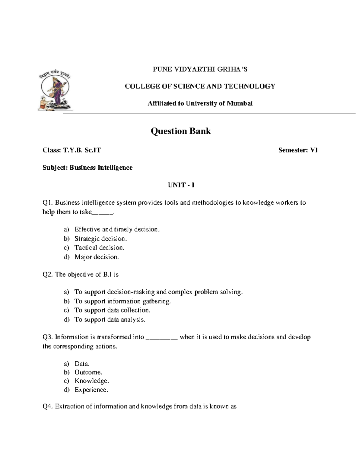 TYIT Sem 6 Question Bank Business Intelligence - PUNE VIDYARTHI GRIHA’S ...