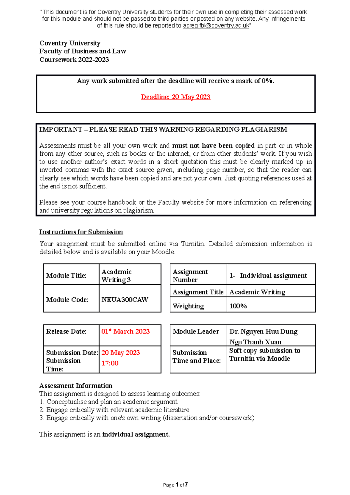 NEUA300CAW AW CW brief 2 - Coventry University Faculty of Business and ...