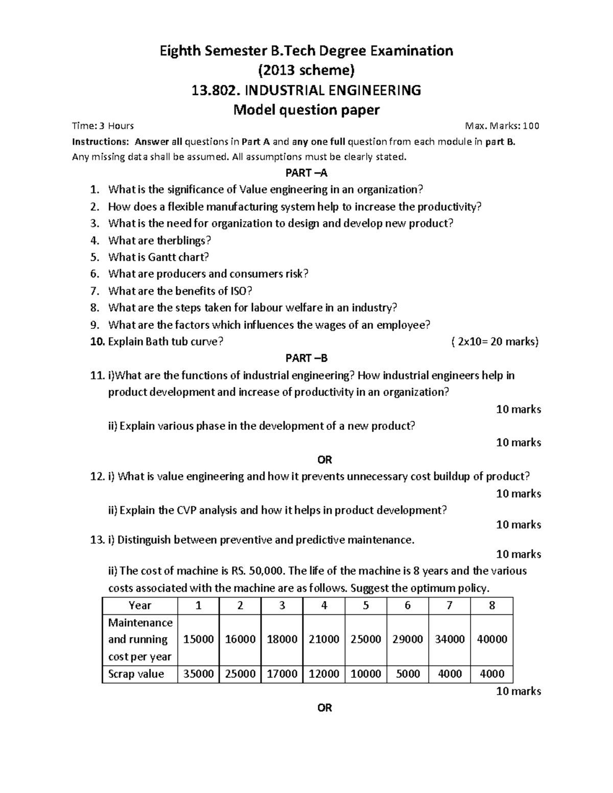 Industrial Engineering Model Question Paper - Eighth Semester B Degree ...
