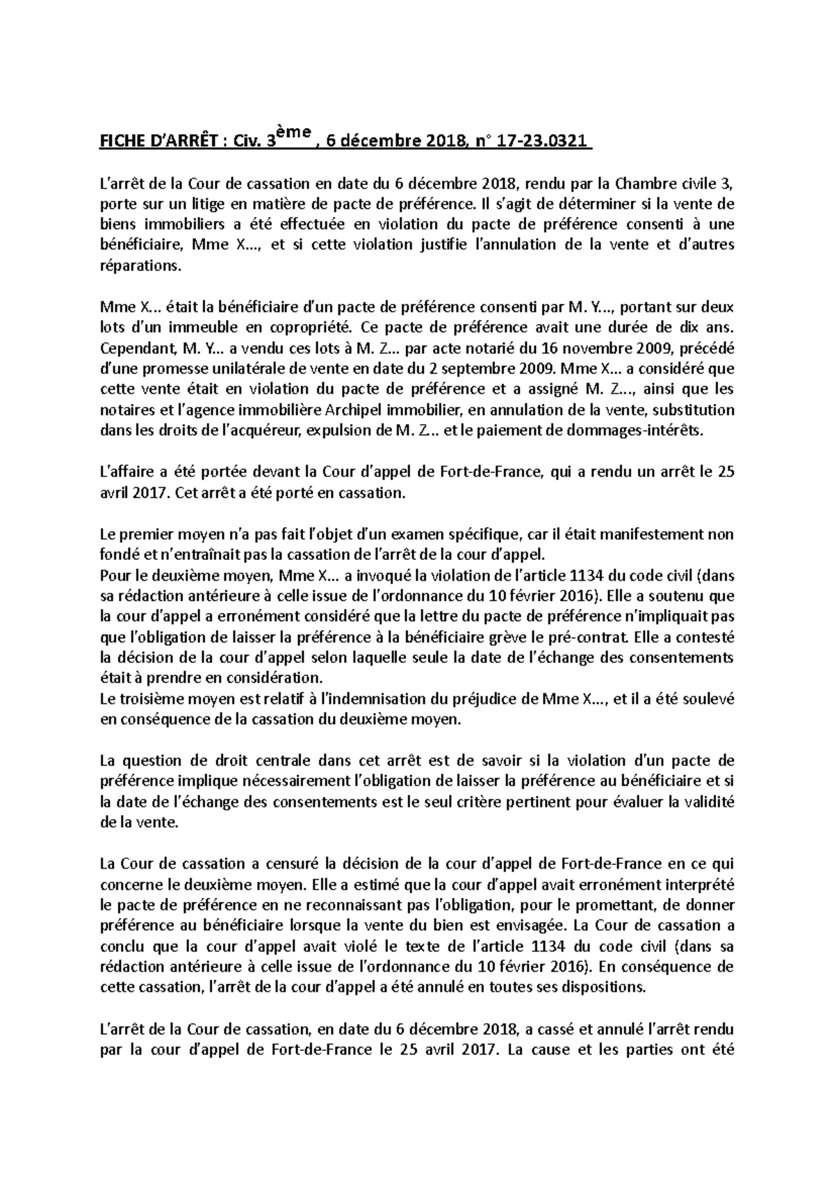 Fiche D’ARRÊT Civ. 3ème , 6 décembre 2018 , n 17-23.0321 - FICHE D’ARRÊT : Civ. 3 è me , 6 - Studocu