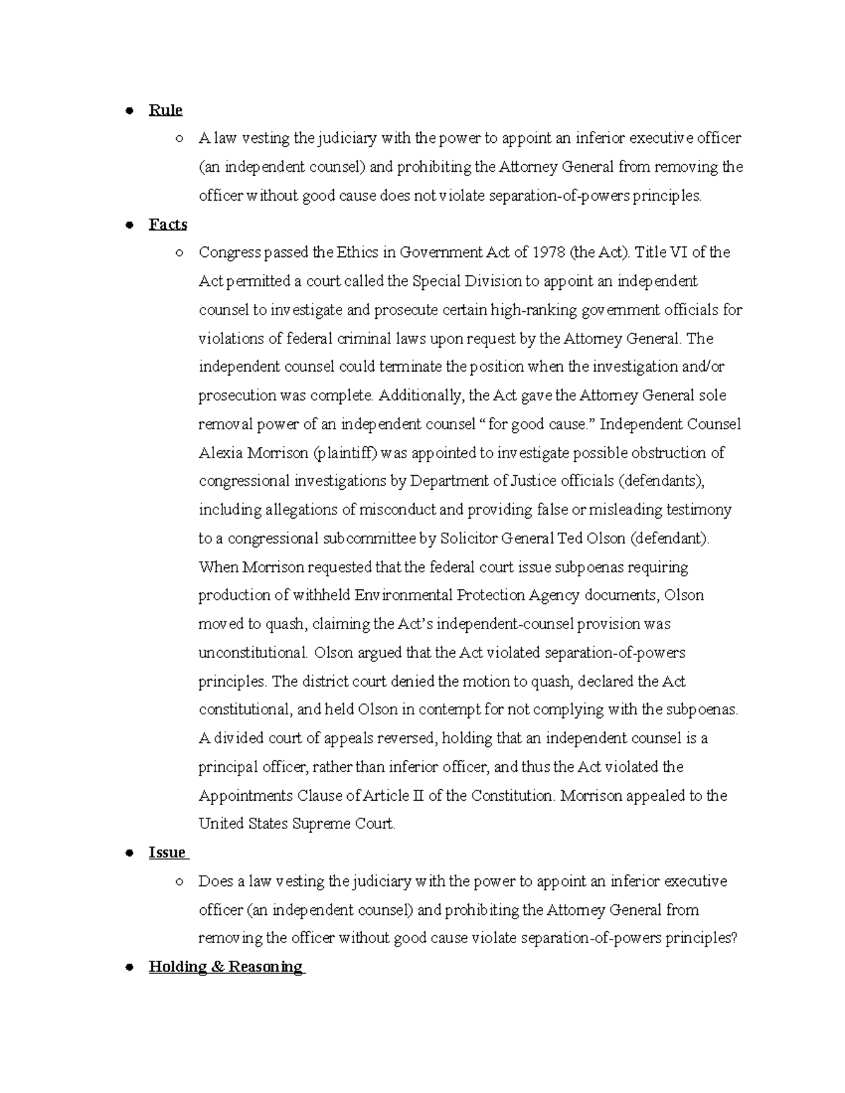 Con Law 2021- Morrison v. Olson - Rule A law vesting the judiciary with ...