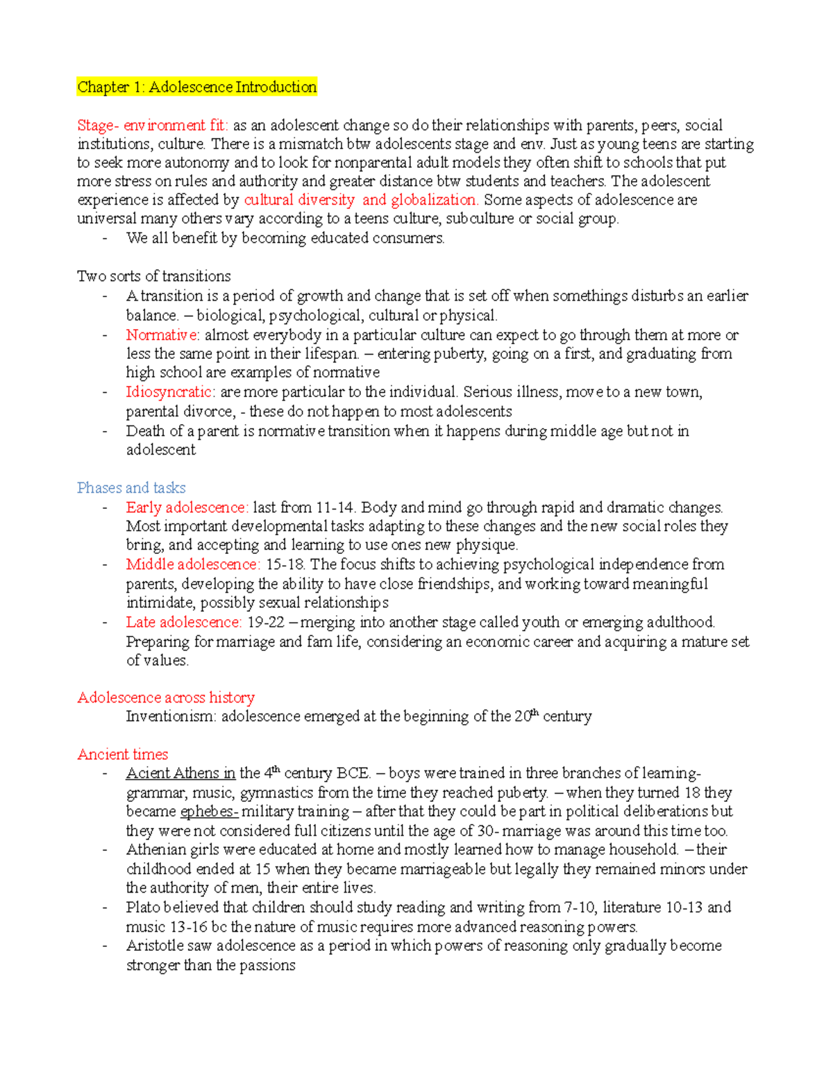 Textbook Notes chapter 1 - Chapter 1: Adolescence Introduction ...