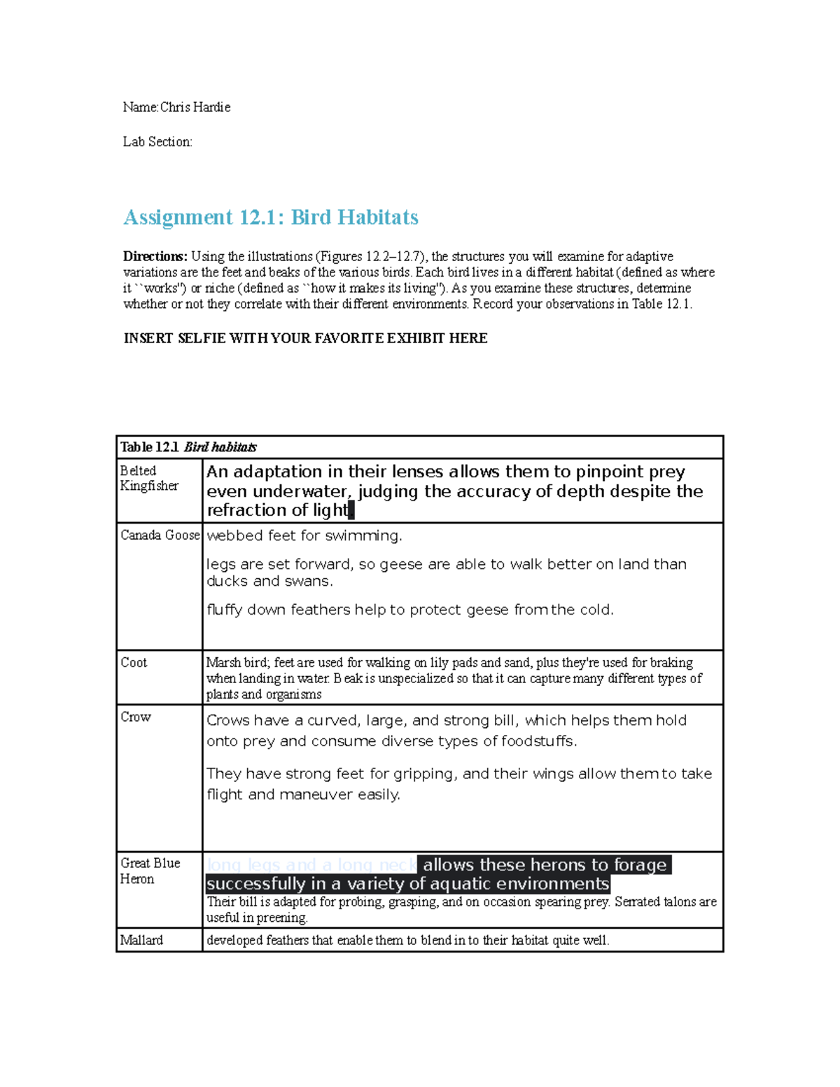 Lab 12 Answer Doc-2 - LAB RESULTS - Name:Chris Hardie Lab Section ...