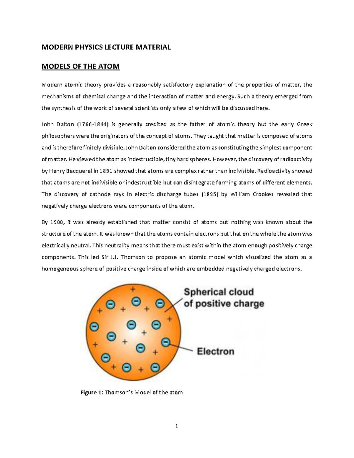 Modern Physics Lecture Material 1 - MODERN PHYSICS LECTURE MATERIAL MODELS OF THE ATOM Modern ...