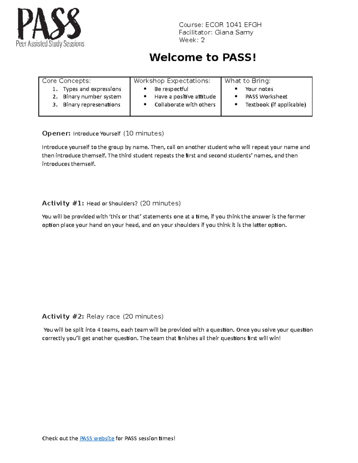 PASS Worksheet ECOR 1047 - Course: ECOR 1041 EFGH Facilitator: Giana ...