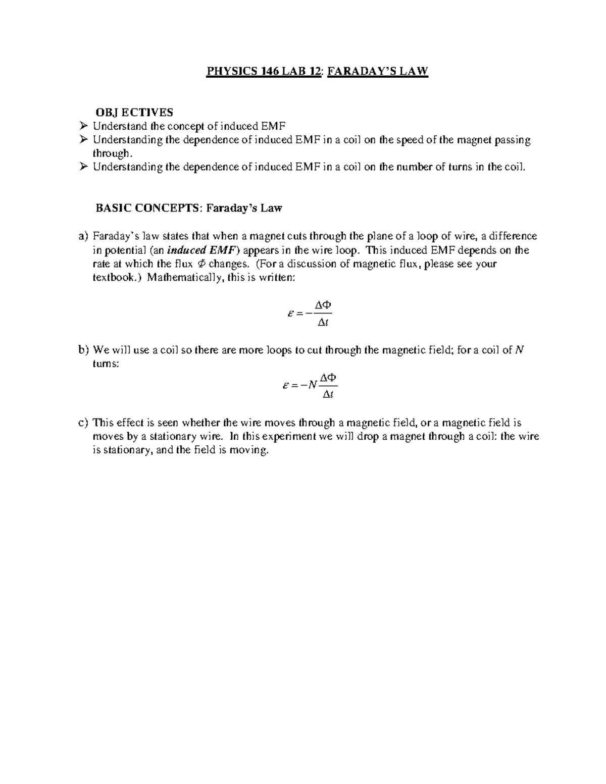 Lab 12 Faraday S Law Profesor Oleksandr Yelnykov Physics 146 Lab