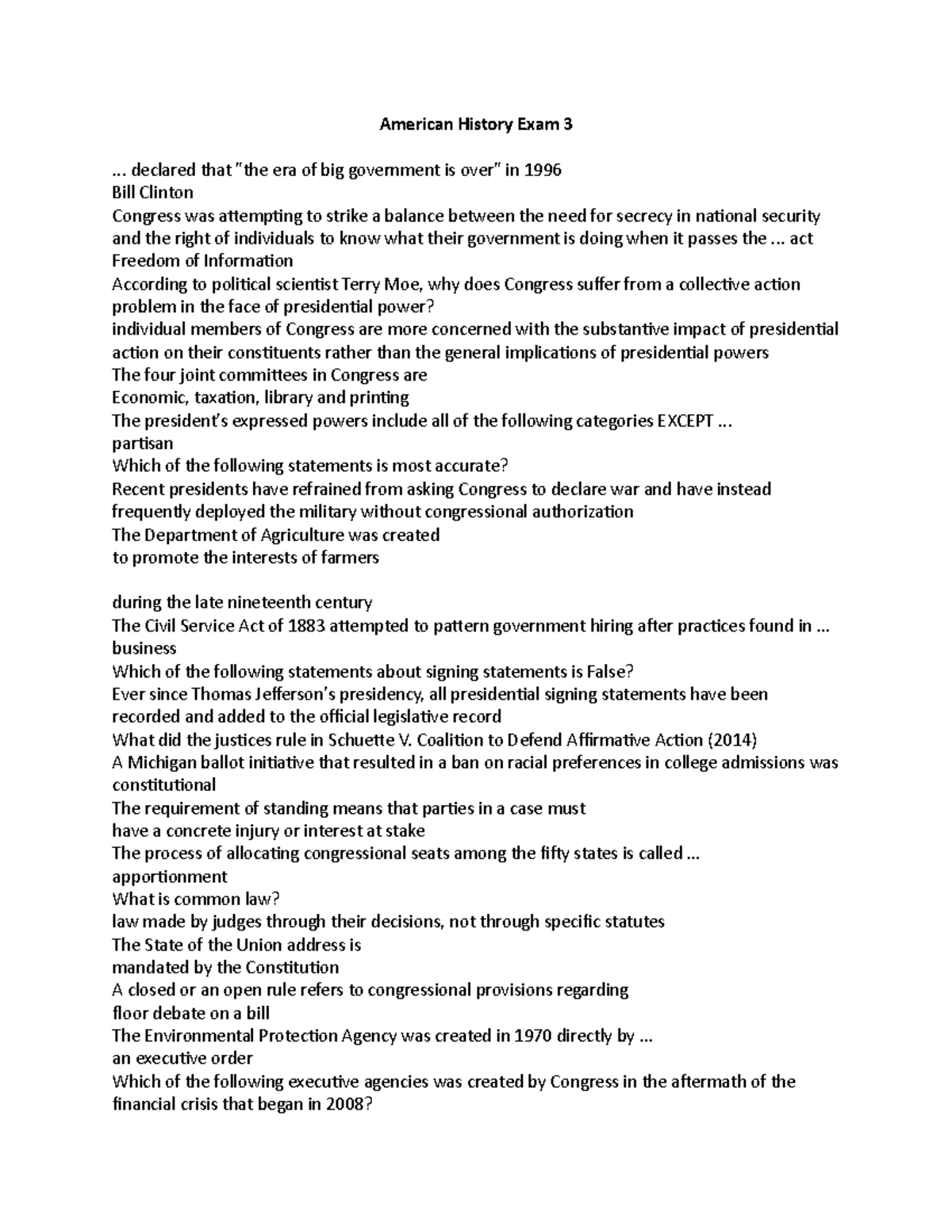 American History Exam 3 - .. declared that "the era of big government ...