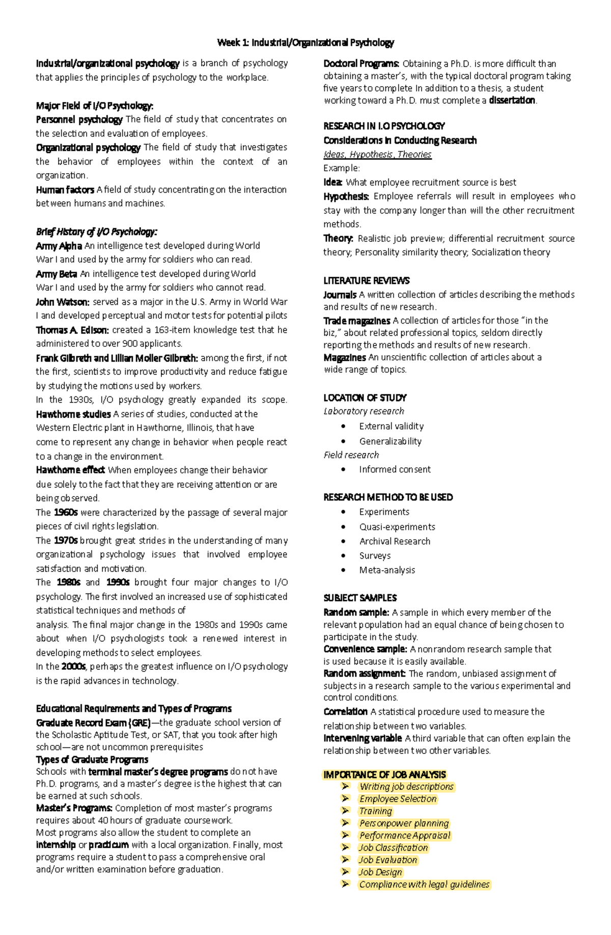 Lesson 1 to 3 - Week 1: Industrial/Organizational Psychology Industrial ...