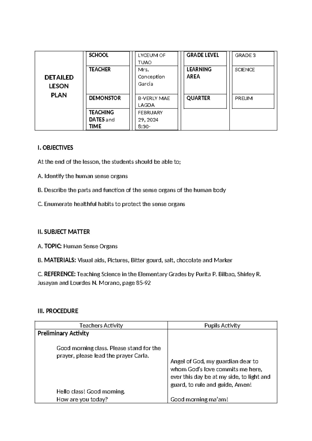 Lesson plan MAAM Anching - DETAILED LESON PLAN SCHOOL TEACHER DEMONSTOR ...