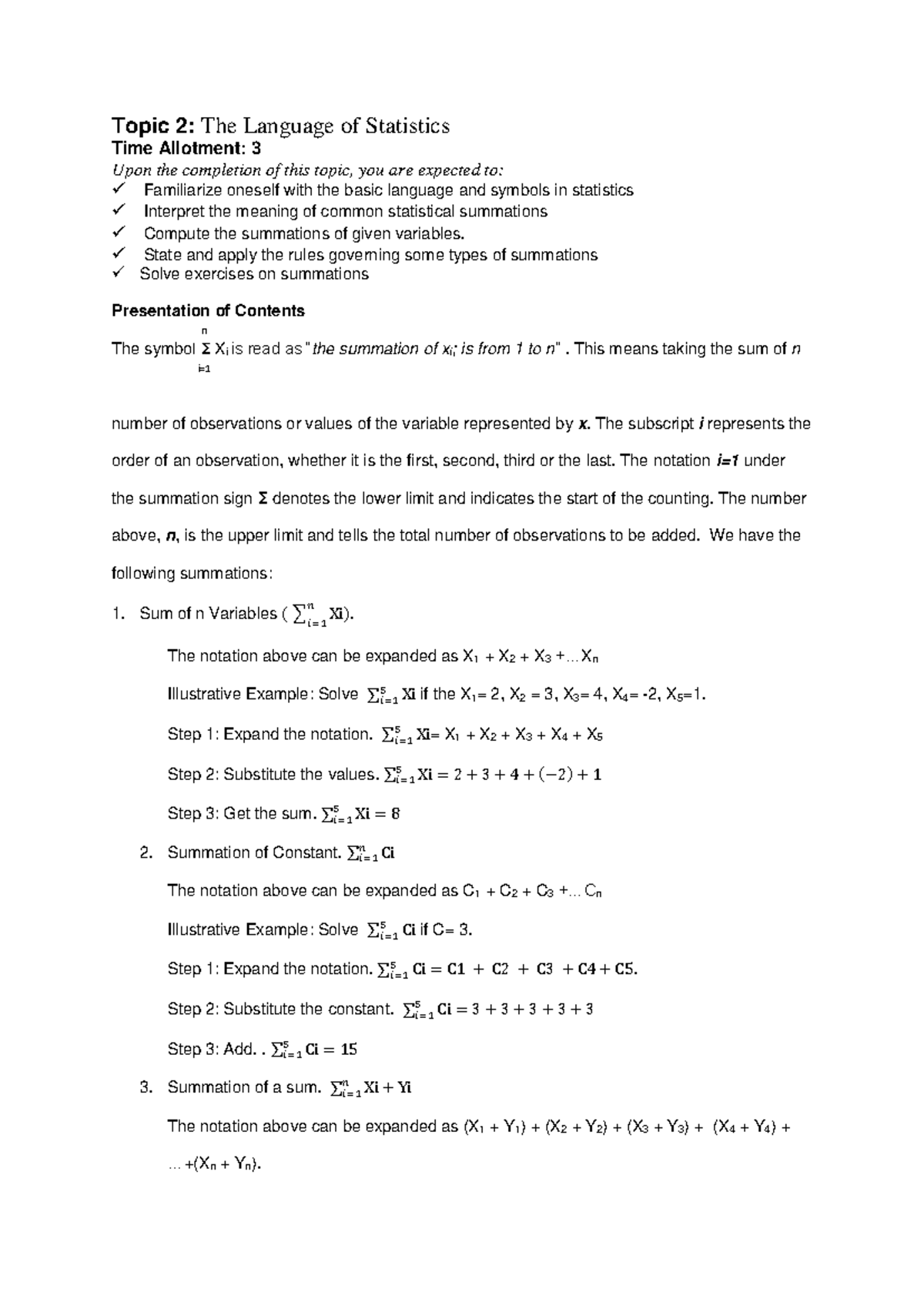 Topic 2 The Language of Statistics - Topic 2: The Language of ...
