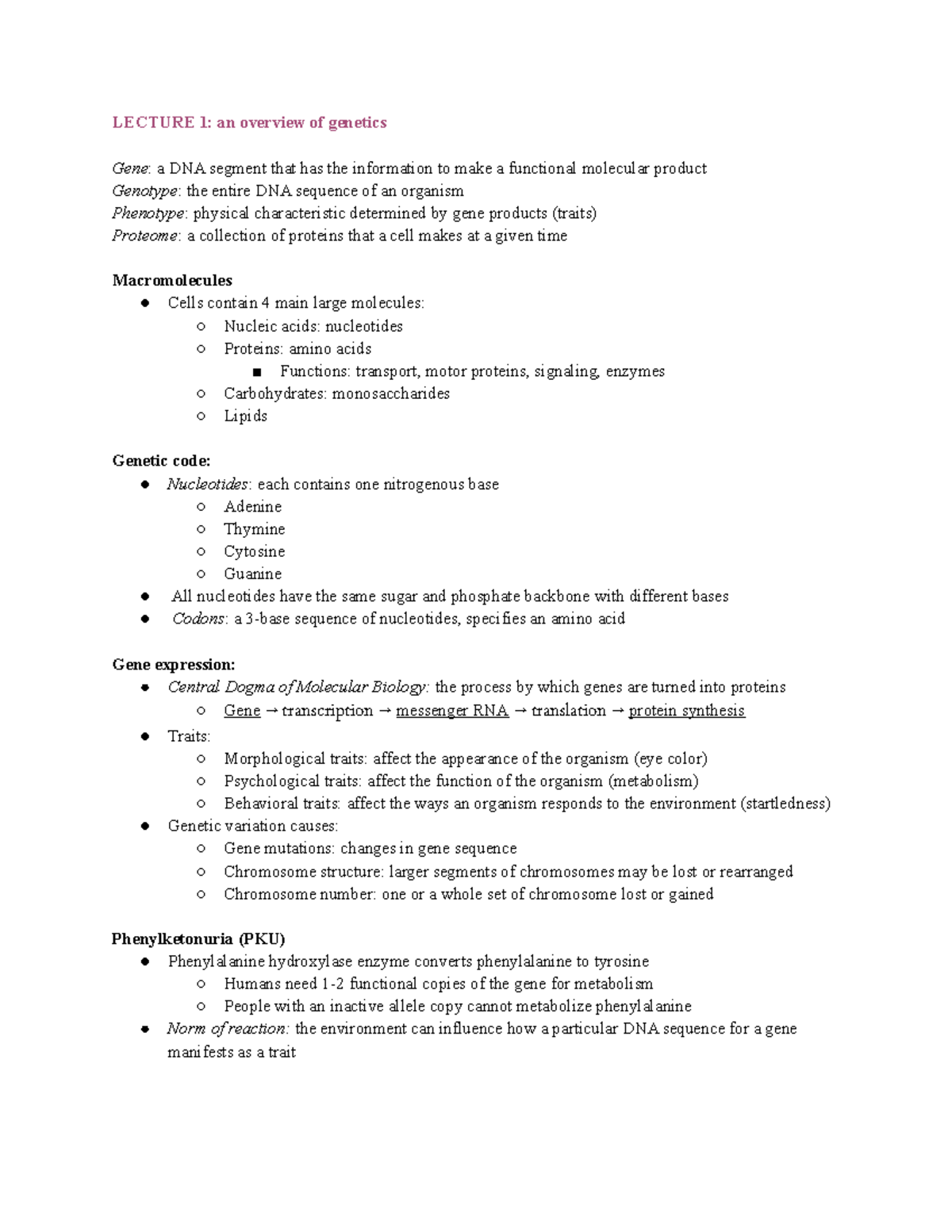 Exam 1 doc - Lecture notes 1-6 - LECTURE 1: an overview of genetics ...