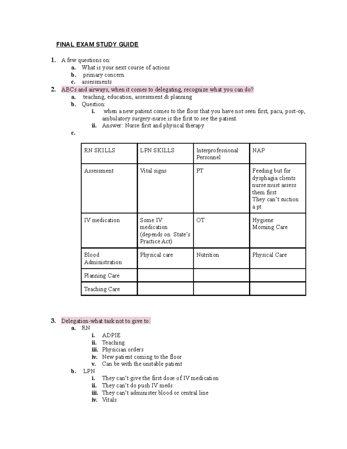 The Final Final by Gabe - nursing notes - FINAL EXAM STUDY GUIDE 1. A ...