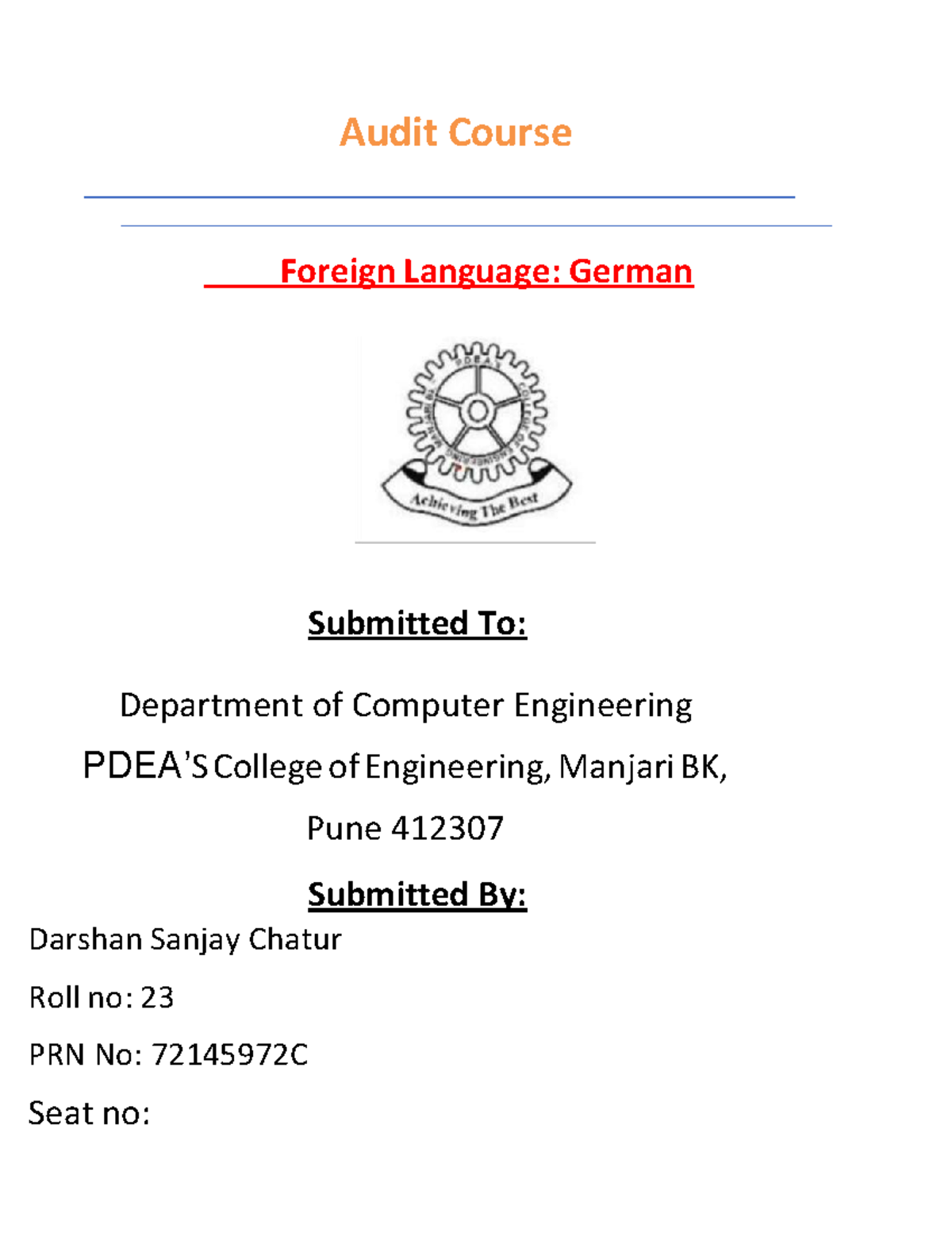 New - audit - Audit Course Foreign Language: German Submitted To ...