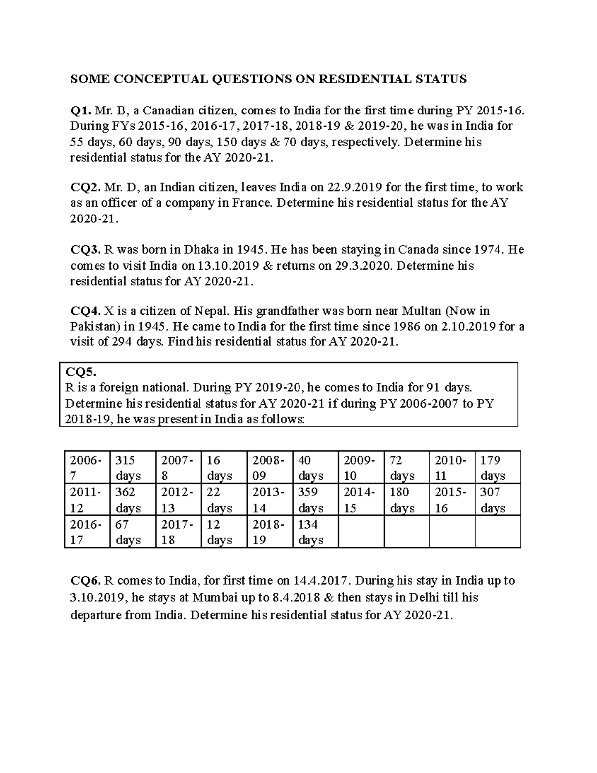 Practice question on Residential status - SOME CONCEPTUAL QUESTIONS ON ...