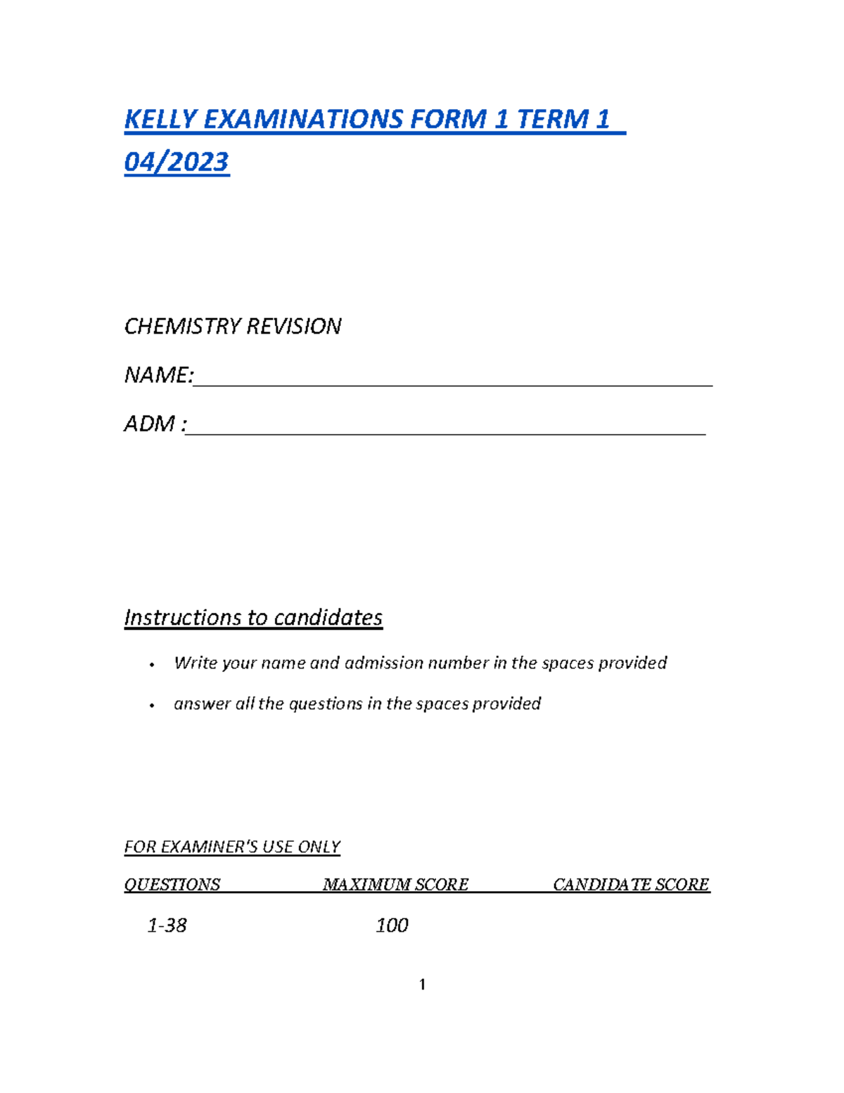 Chemistry TERM 1 FORM 1 - exam revision - KELLY EXAMINATIONS FORM 1 ...