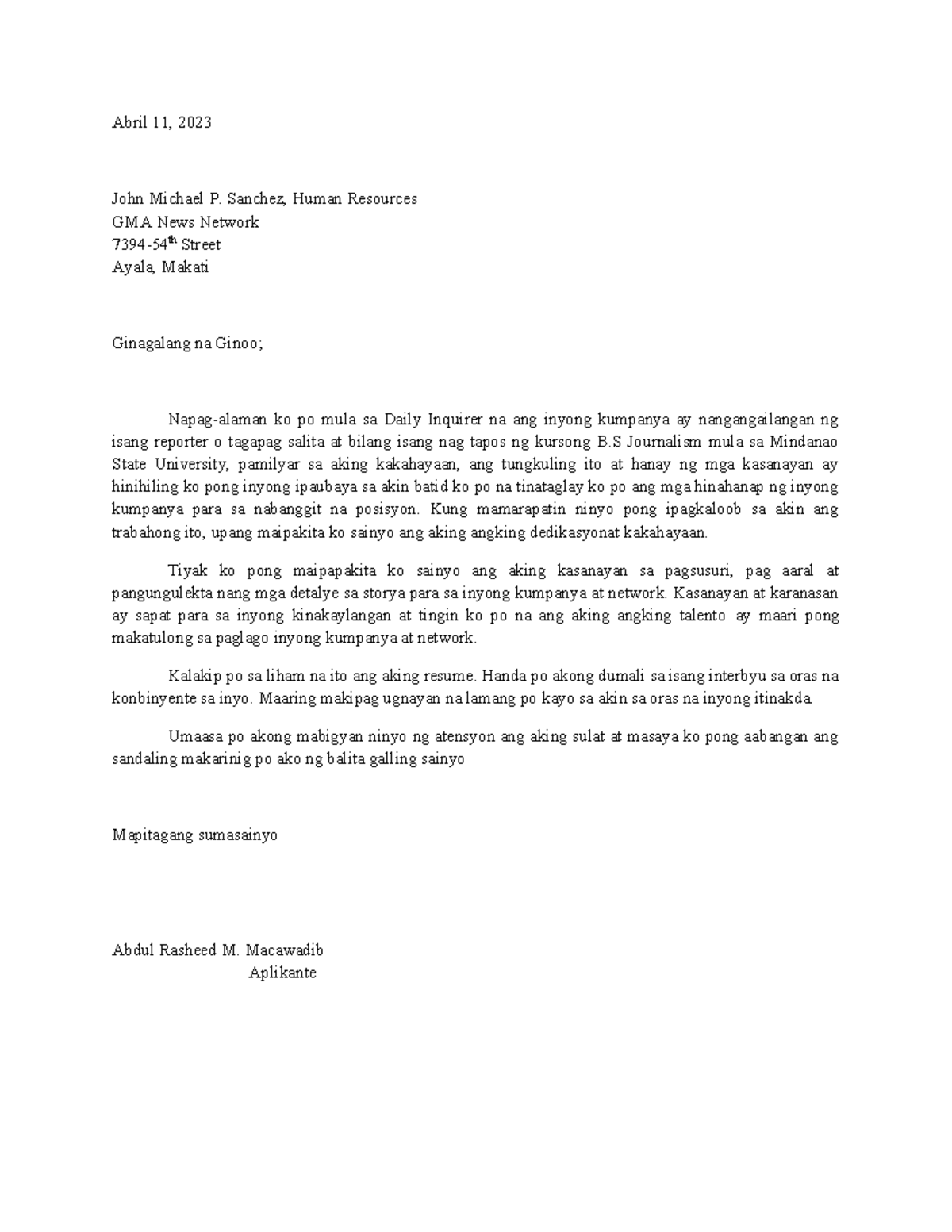 Abril 11 - an example of what an application letter could be. - Abril ...