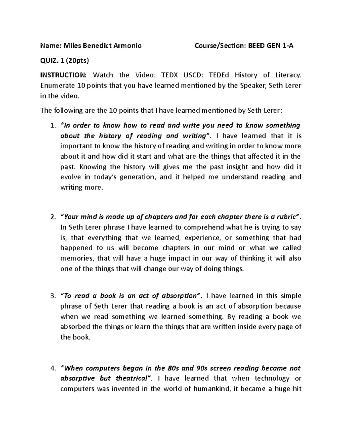 Quiz 1 in educ 102 - answer sheet - Name: Miles Benedict Armonio Course ...