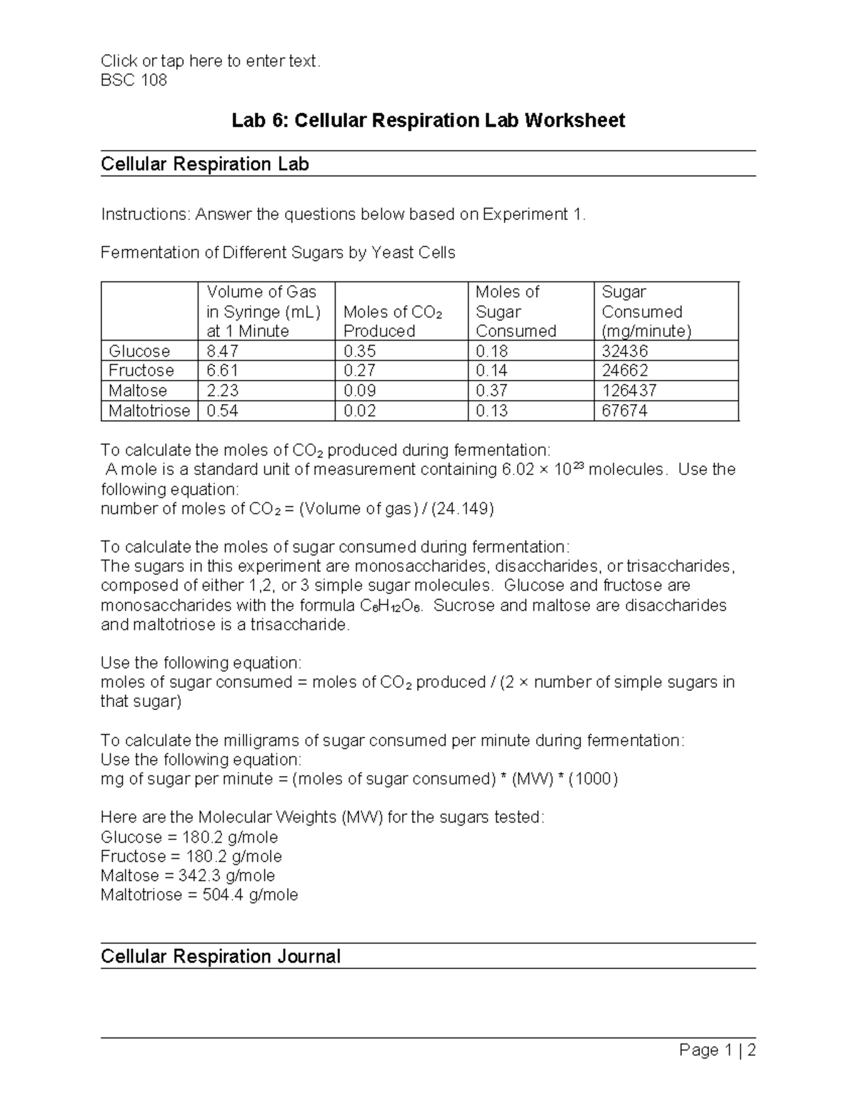Lab 6 Cellular Respiration Worksheet - Click or tap here to enter text ...