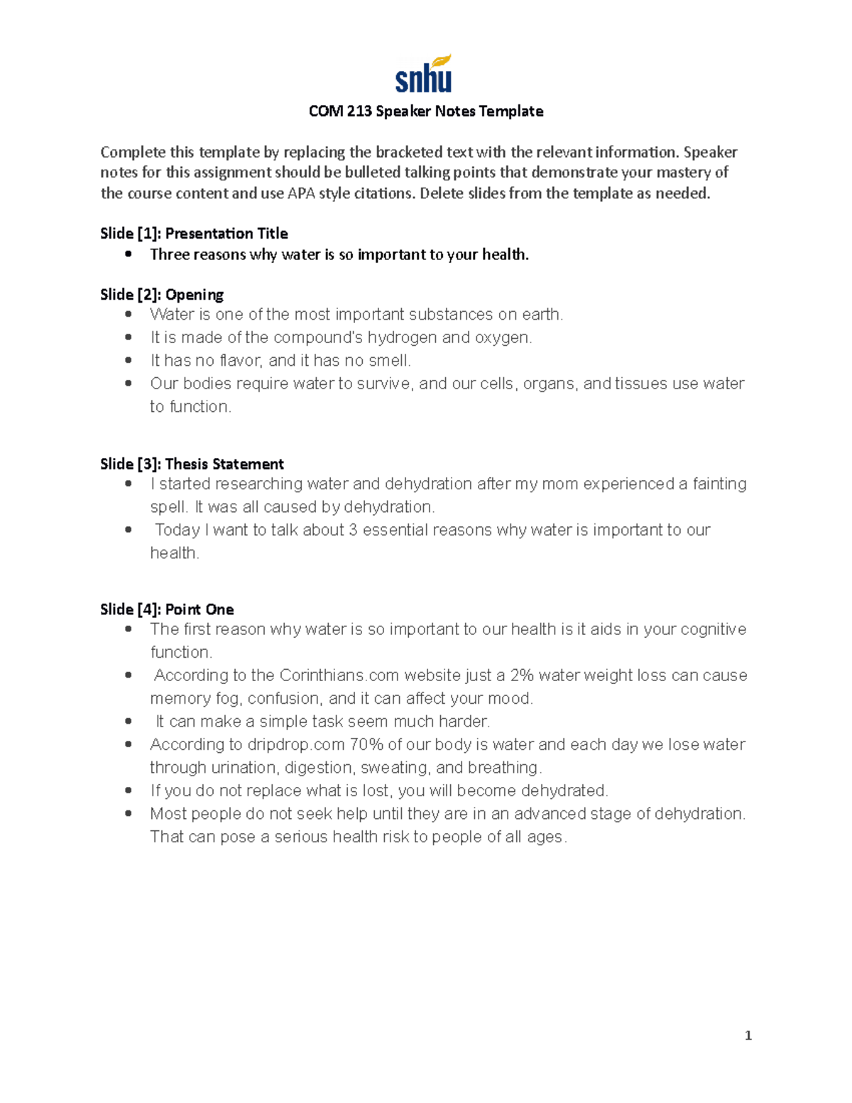 Informative speech notes - COM 213 Speaker Notes Template Complete this ...