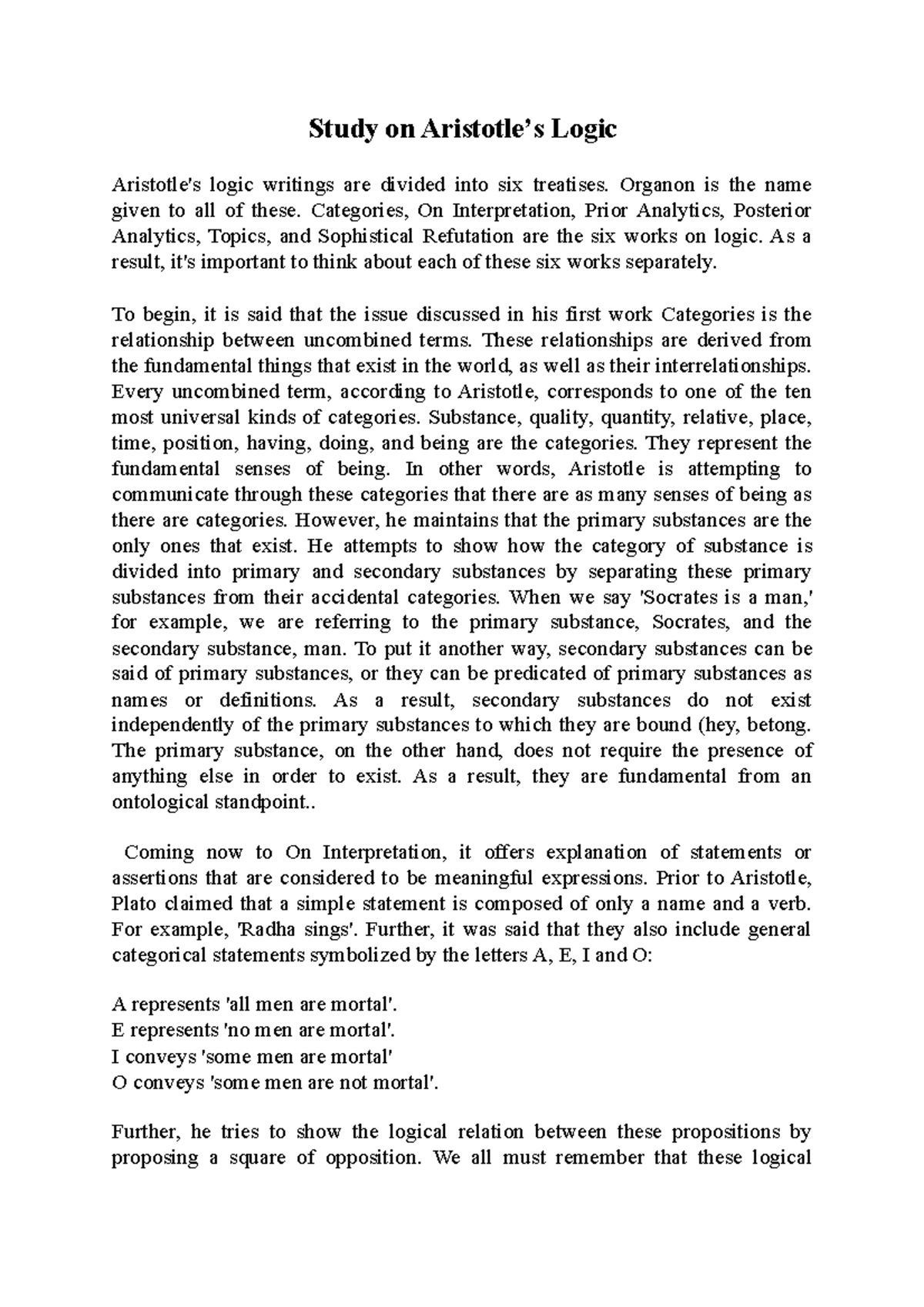 Study on Aristotle’s Logic - Study on Aristotle’s Logic Aristotle's ...