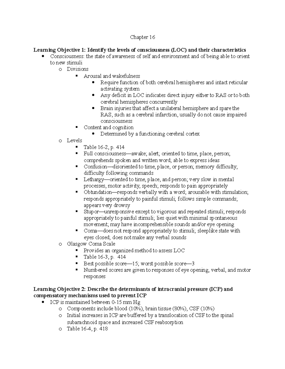 CH 16 LOC - NOTES ON LEVEL ON CONSCIOUSNESS - Chapter 16 Learning ...