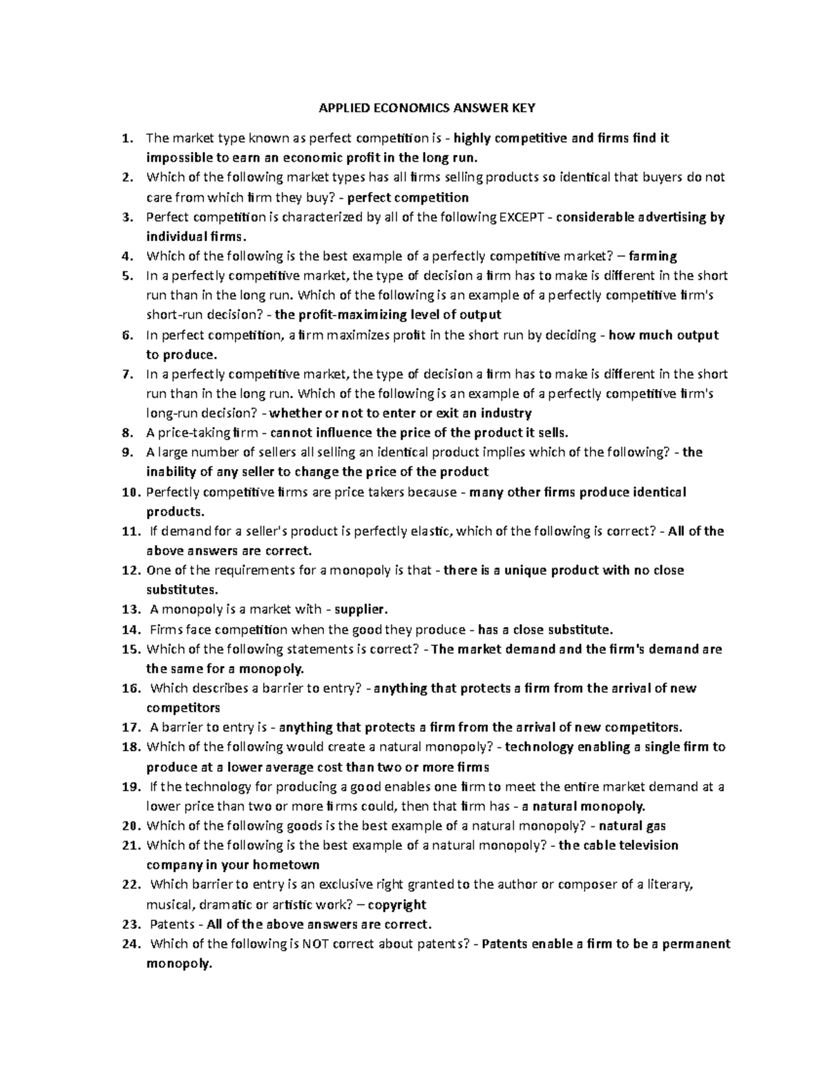 Applied Economics (Long Quiz Answer Key) - Studocu