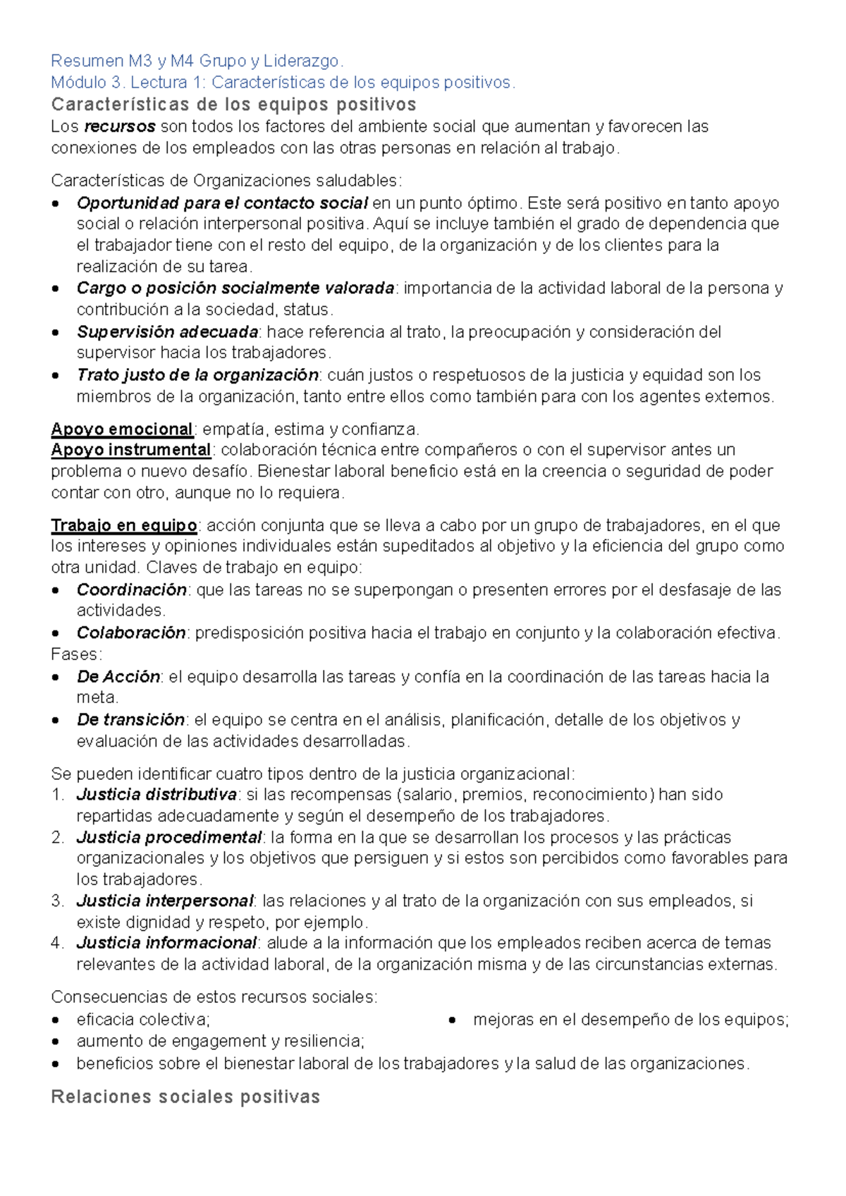 Resumen M3 y M4 Grupo y Liderazgo - Módulo 3. Lectura 1: Características de los equipos ...