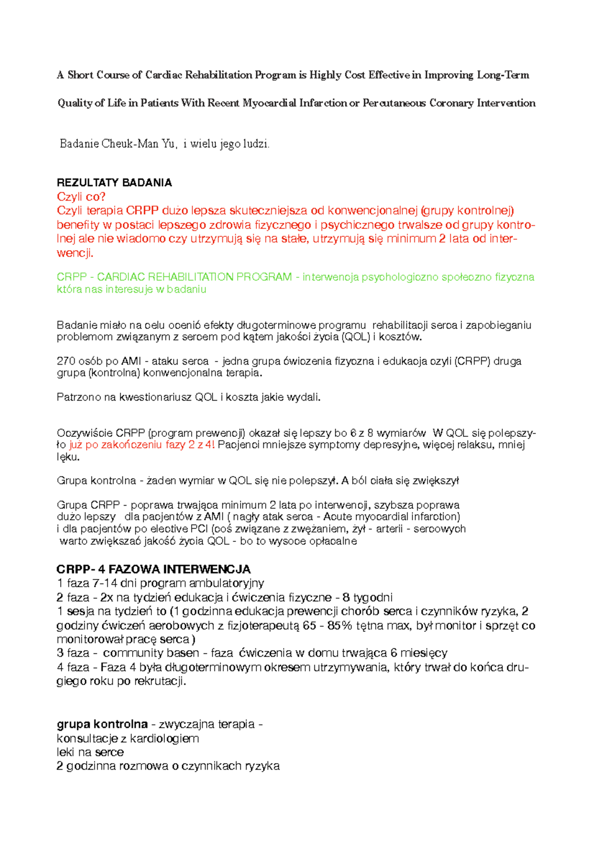 Cheuk Man Yu Short Course of Cardiac Rehab notatki - A Short Course of ...