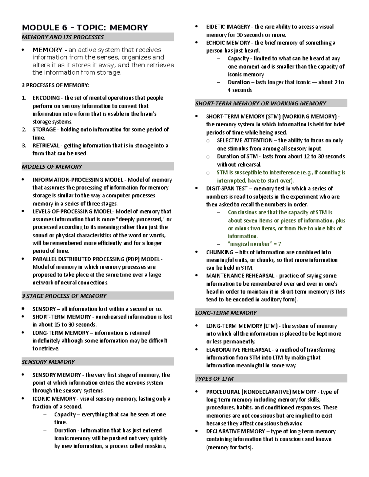 Psych Reviewer 6 - TOPIC: MEMORY - MODULE 6 – TOPIC: MEMORY MEMORY AND ...