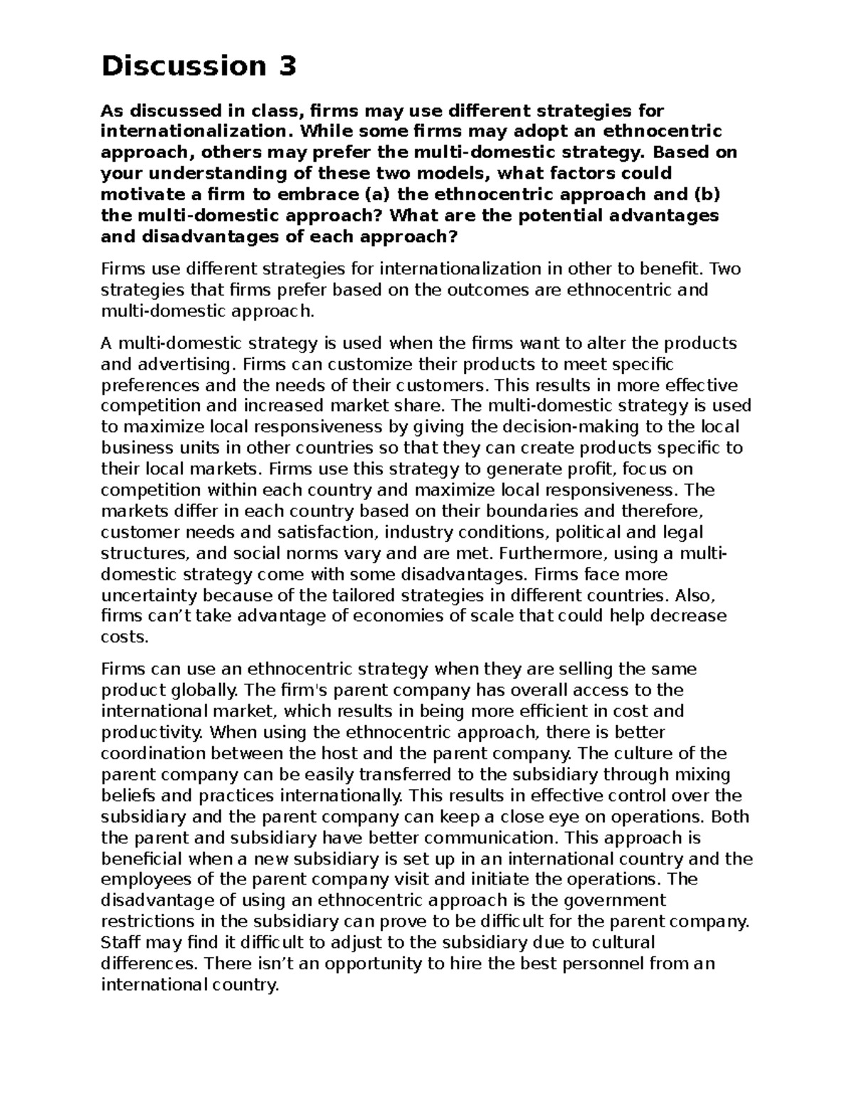 Discussion 3- globalization strategies - Discussion 3 As discussed in ...