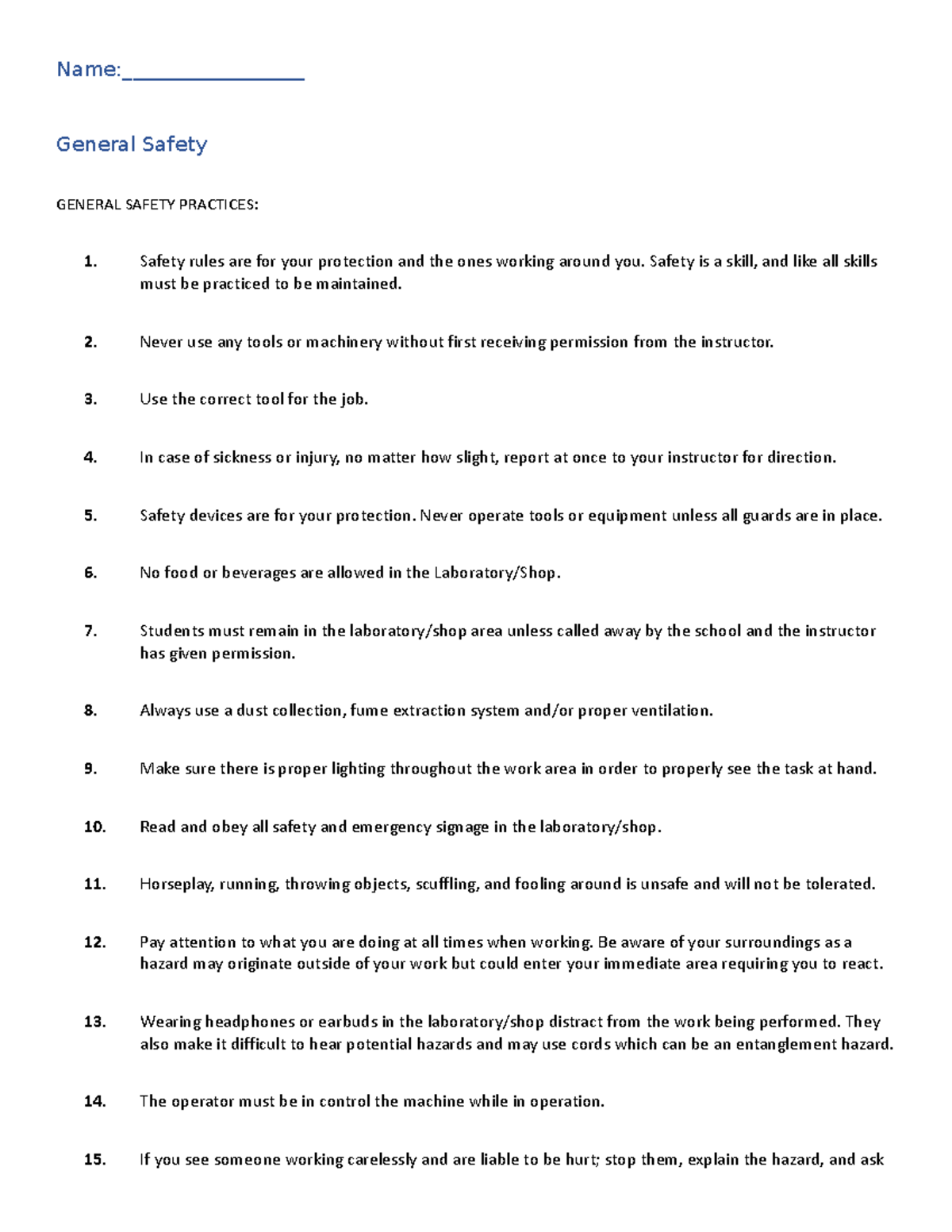 Welding safety packet student - Name:__________________ General Safety ...