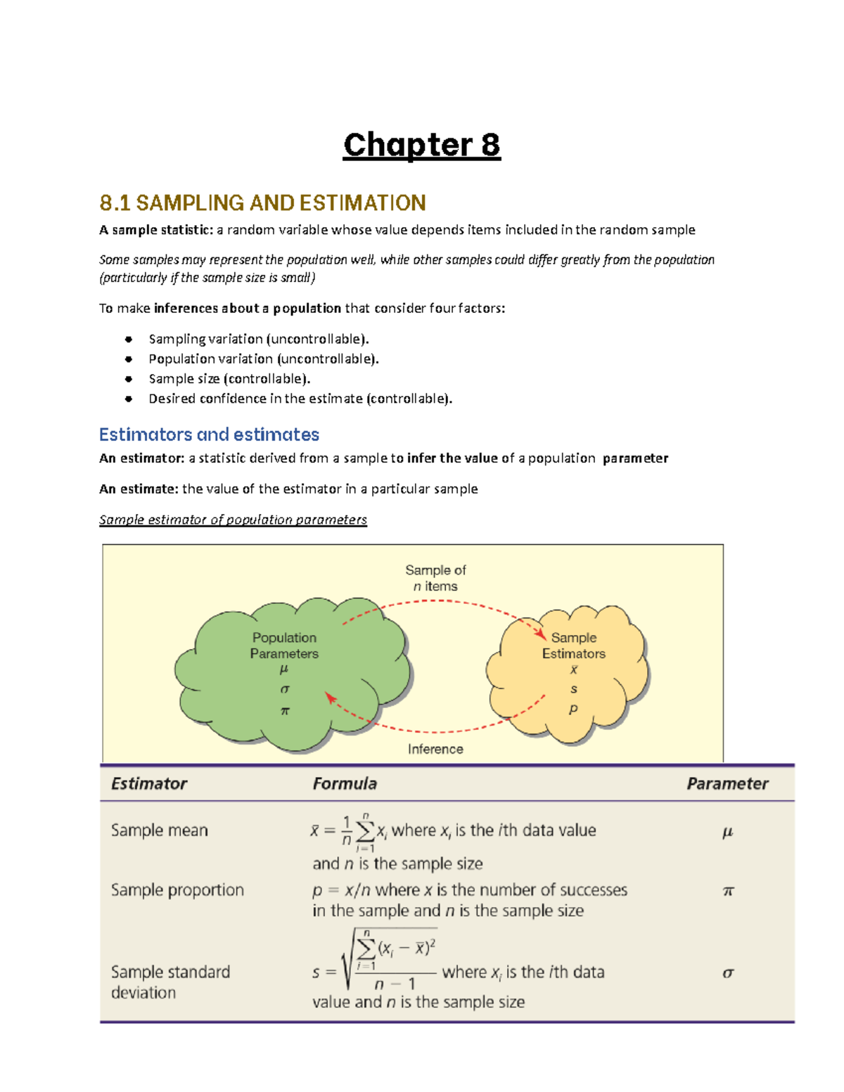 Chapter 8-12 - Lecture notes 12 - Chapter 8 8 SAMPLING AND ESTIMATION A ...