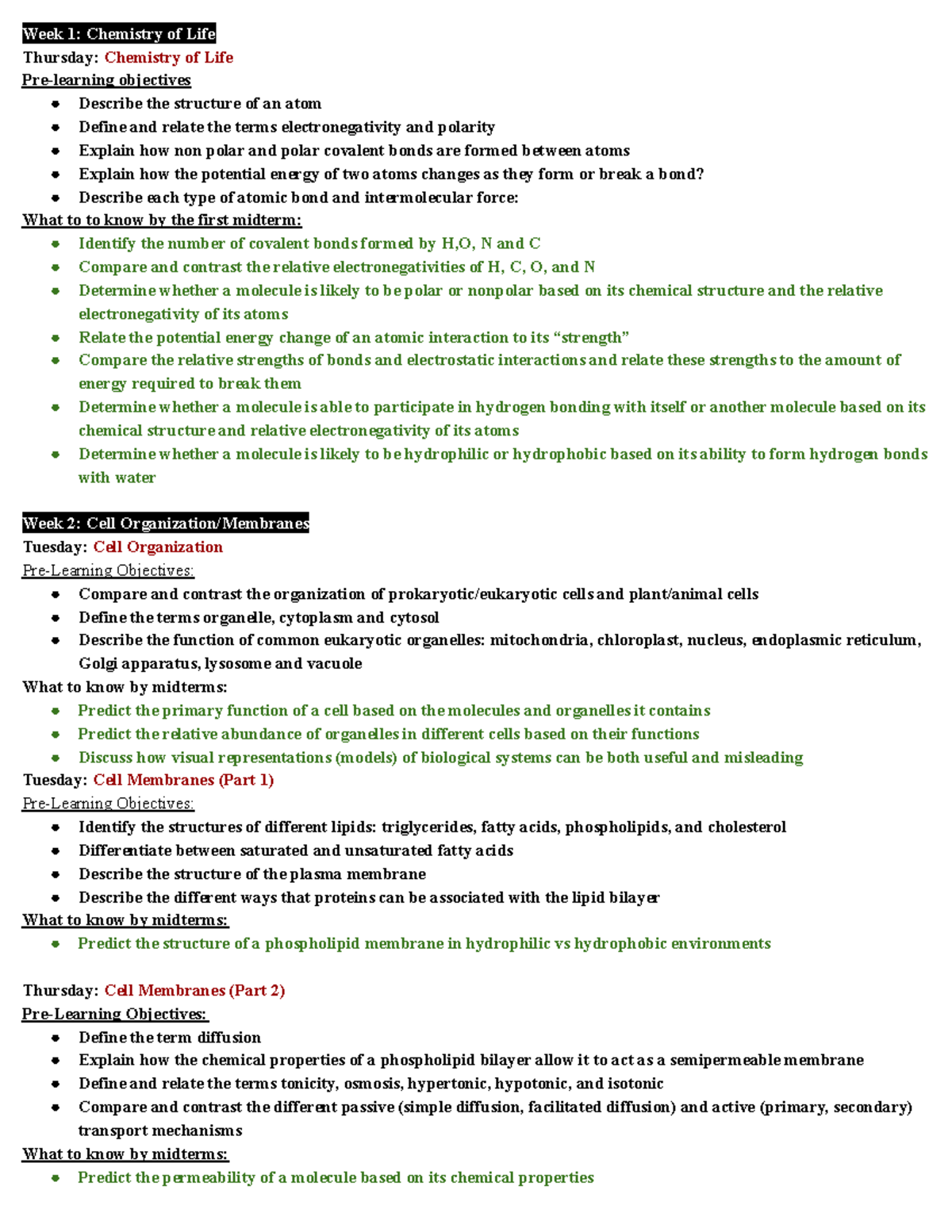 Chemistry of Life objectives and Cell Organization - Studocu