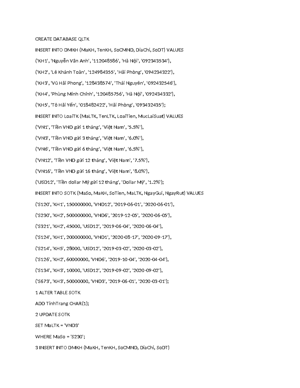 Csdl Chương 2 Phần 3 Csdl Create Database Qltk Insert Into Dmkh