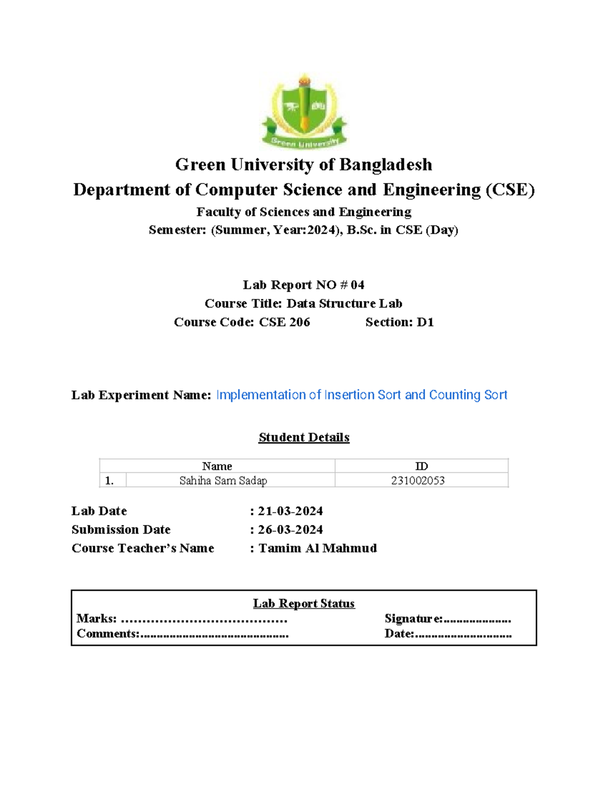 Lab Report Template - Green University of Bangladesh Department of ...