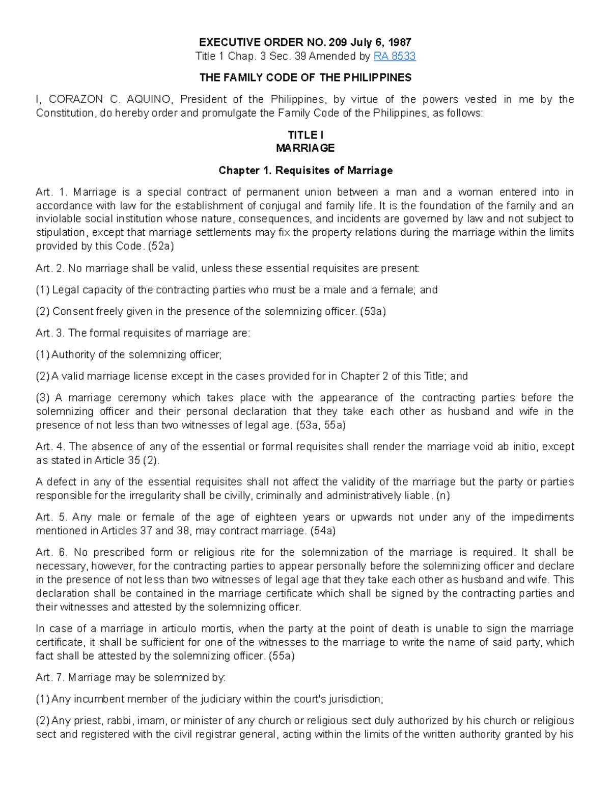 Family CODE - SW ssa - EXECUTIVE ORDER NO. 209 July 6, 1987 Title 1 ...