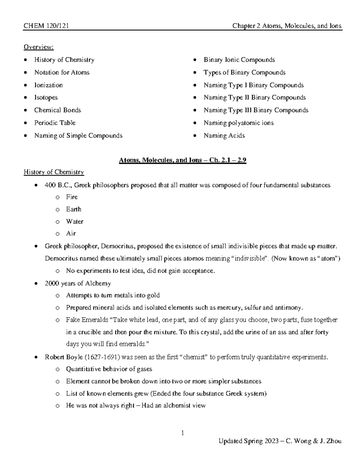 Chapter 2 Atoms, Molecules, and Ions - 1 Overview: History of Chemistry ...