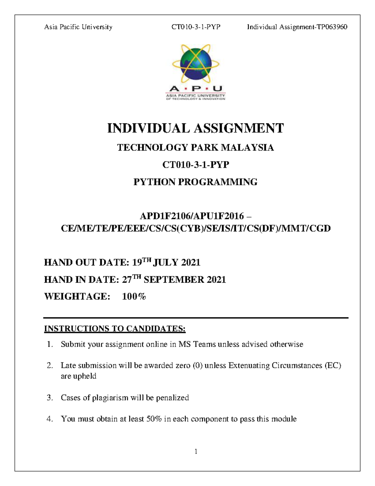 Tanyonghong TP063960 - Was told to fill this in LMAO - INDIVIDUAL ASSIGNMENT TECHNOLOGY PARK ...