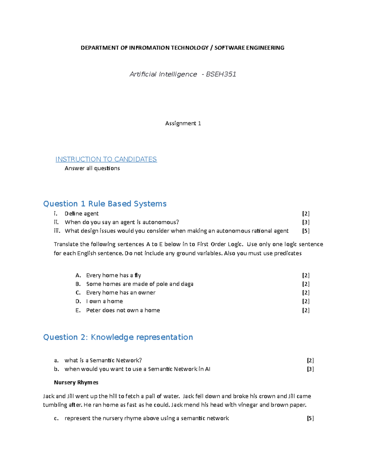 Assignment 1 - artificial intelligence - DEPARTMENT OF INFROMATION TECHNOLOGY / SOFTWARE ...