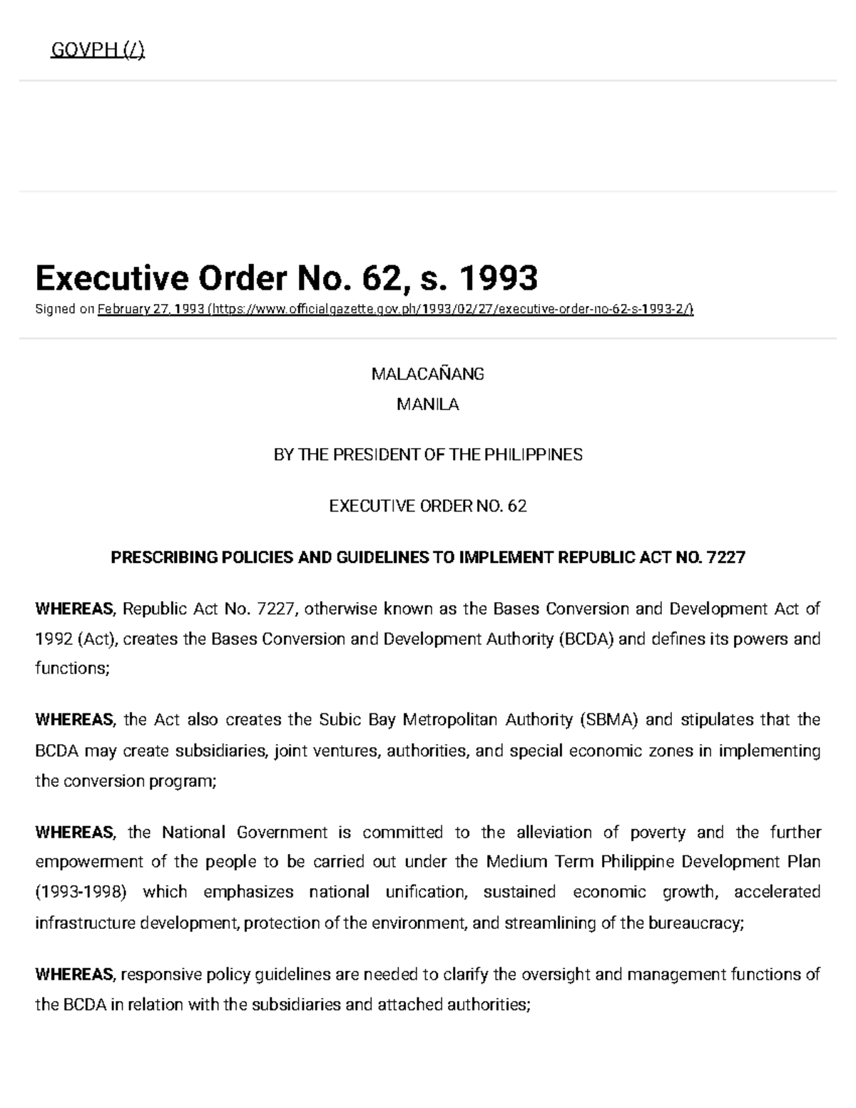 Executive Order No. 62, s. 1993 Official Gazette of the Republic of the ...