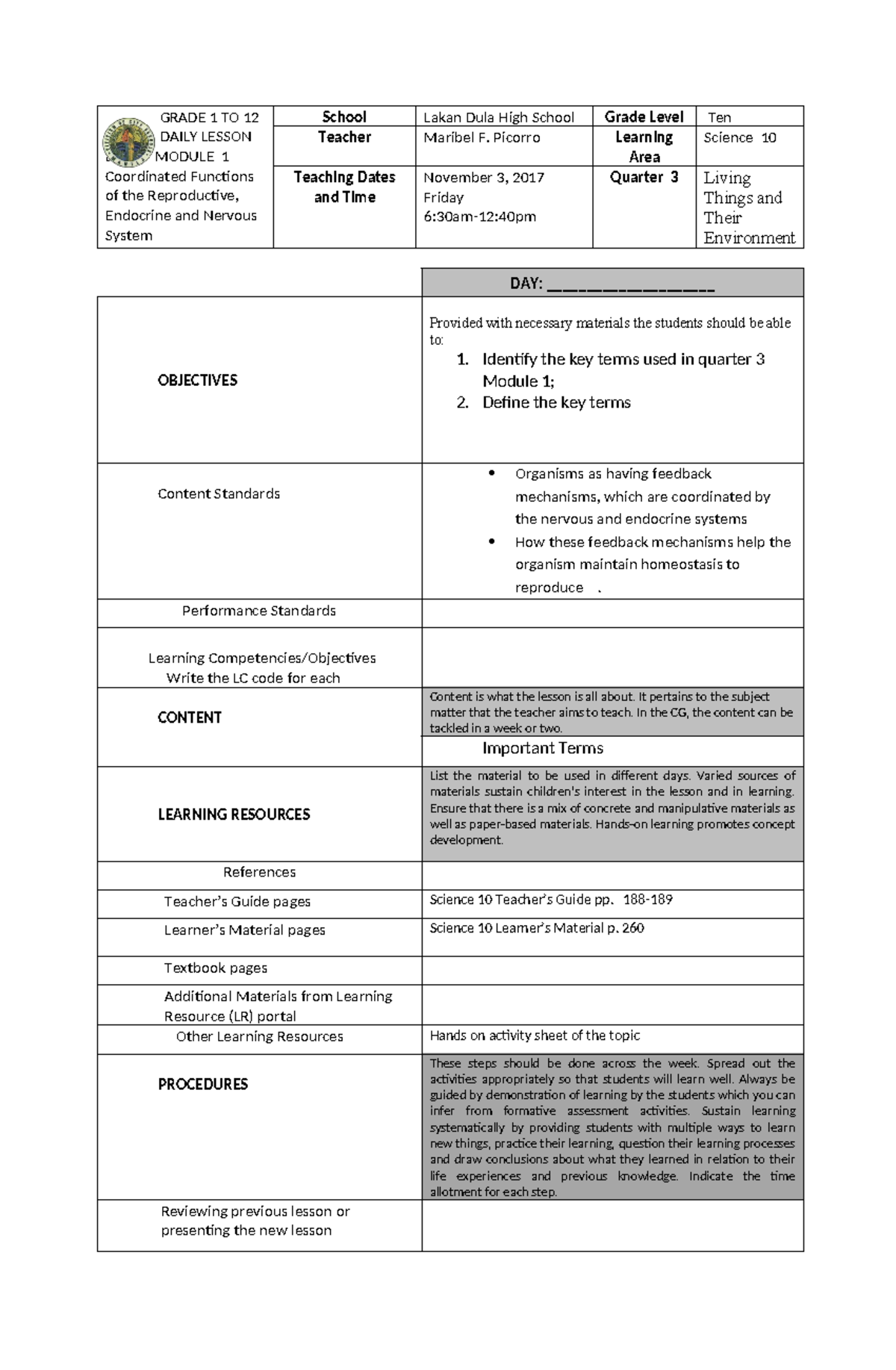 DLL3rd Qrt Module 1 - class activity - GRADE 1 TO 12 DAILY LESSON LOG ...