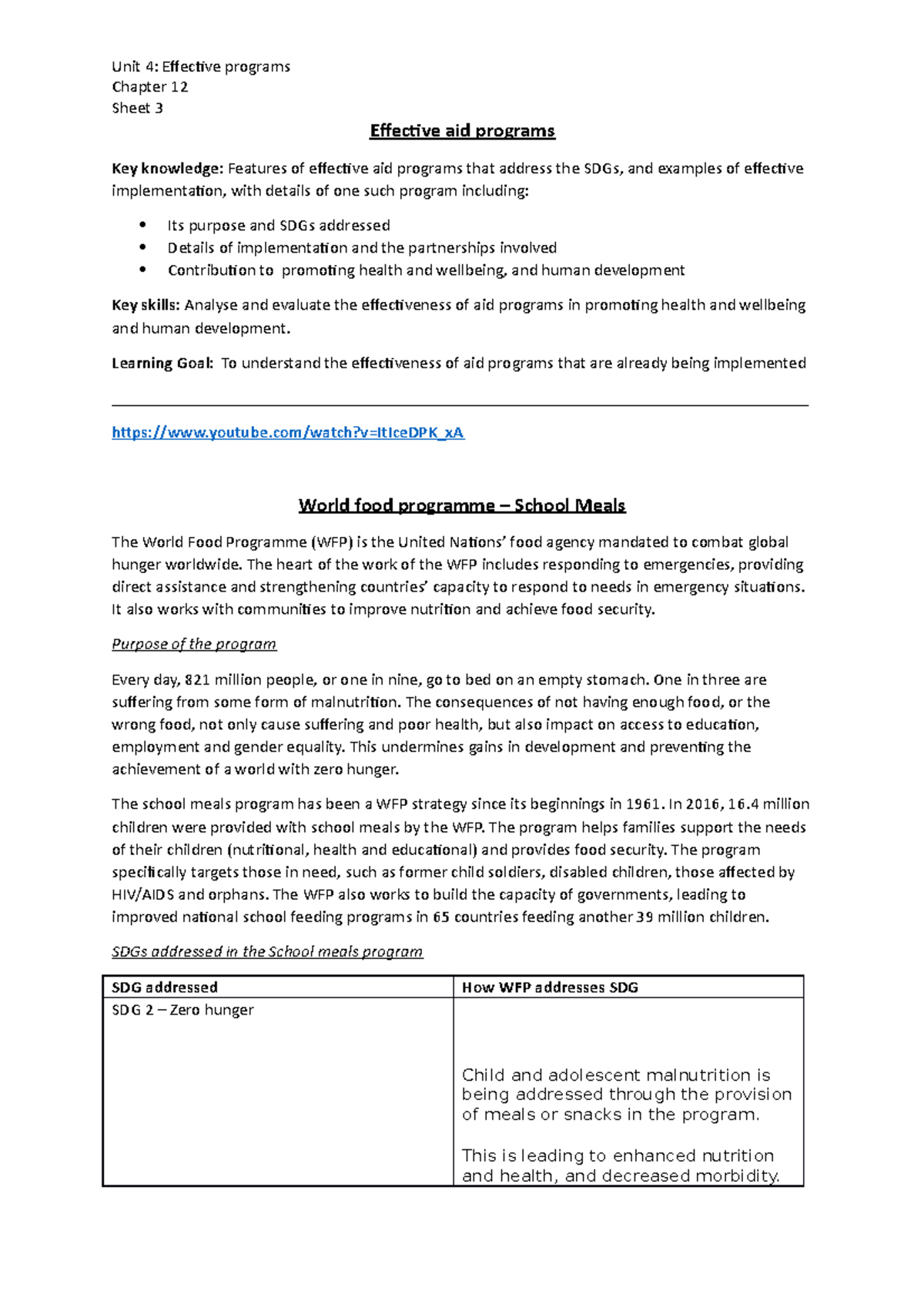 Chapter 12 lesson 3 - Chapter 12 Sheet 3 Effective aid programs Key ...