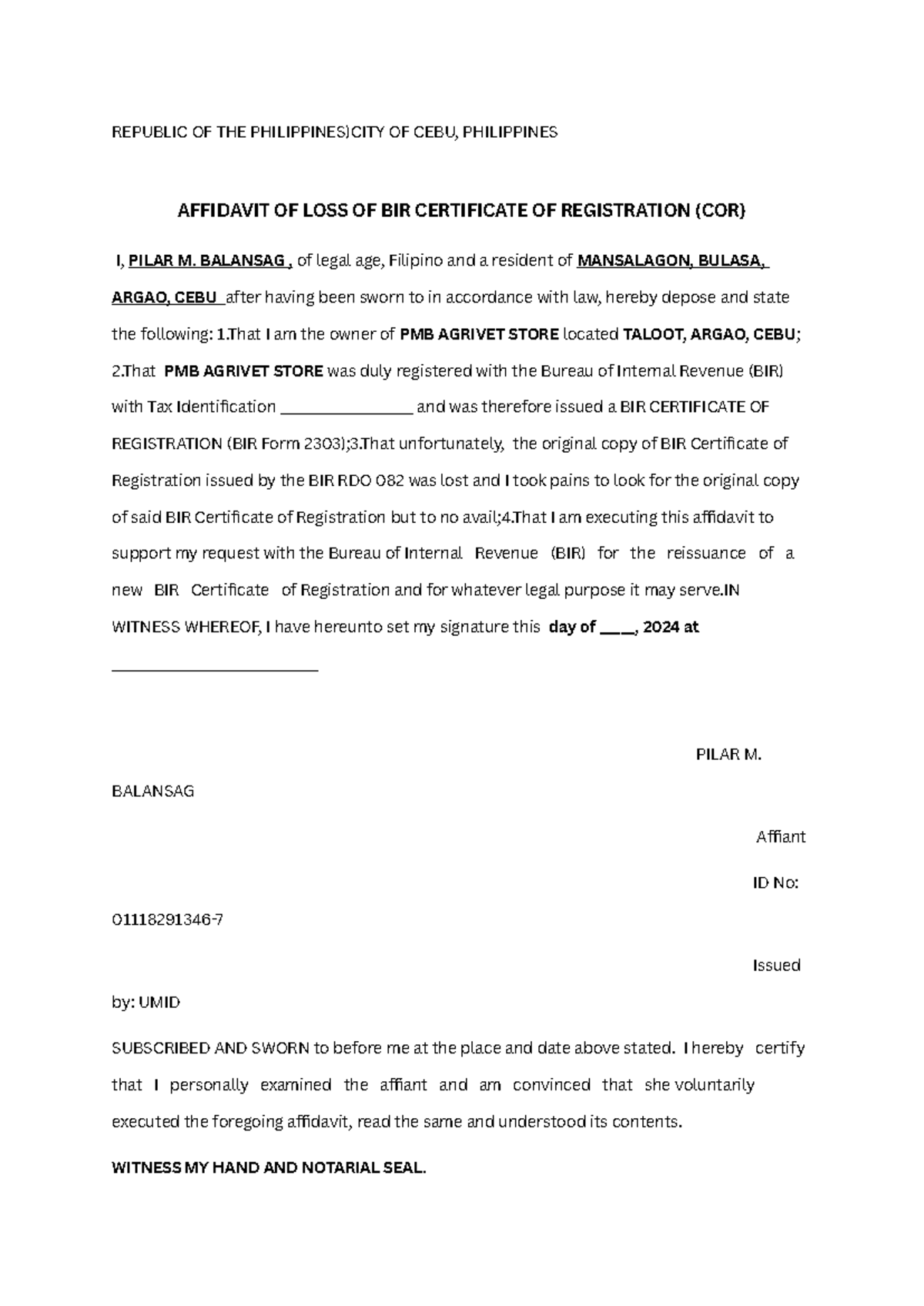 Affidavit OF LOSS - Sample - REPUBLIC OF THE PHILIPPINES)CITY OF CEBU ...