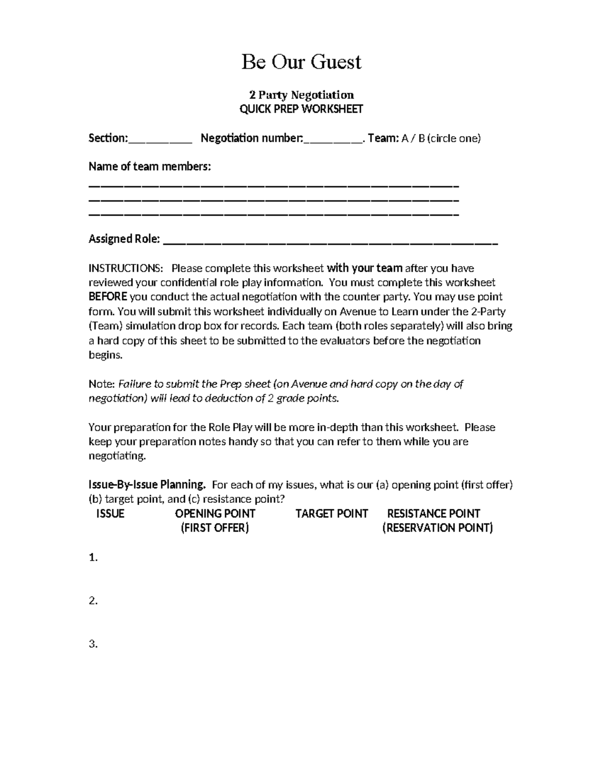 Be Our Guest - 2-party Negotiation Prep Sheet - Be Our Guest 2 Party ...