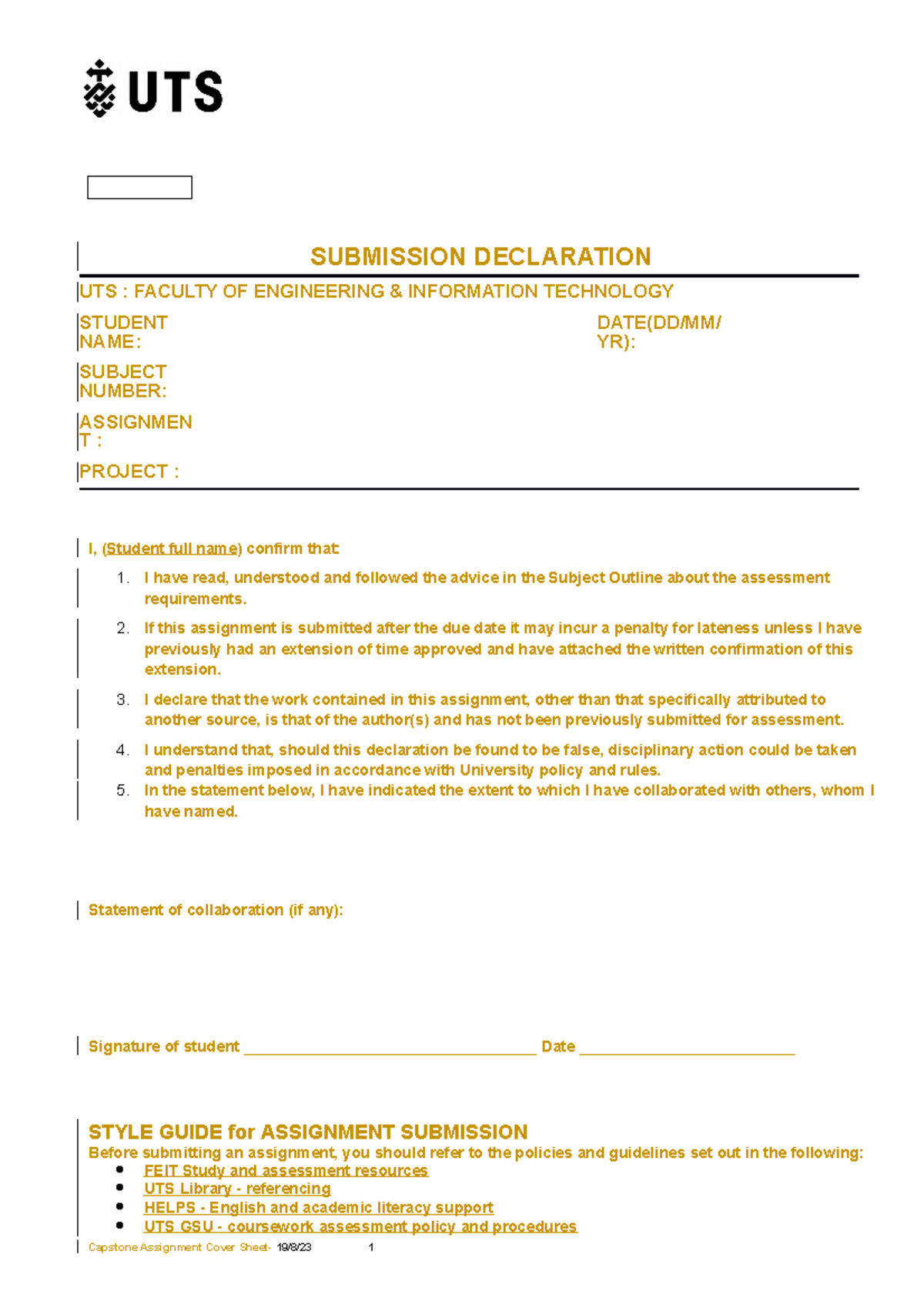 Submission Declaration Final - SUBMISSION DECLARATION UTS : FACULTY OF ...