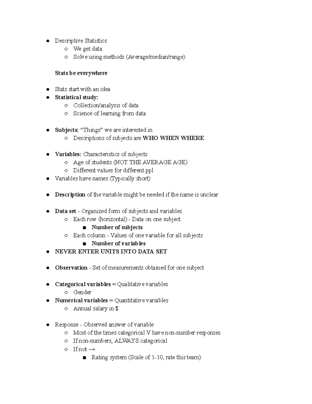 Stats Unit 1. Introduction - Descriptive Statistics We get data Solve using methods - Studocu