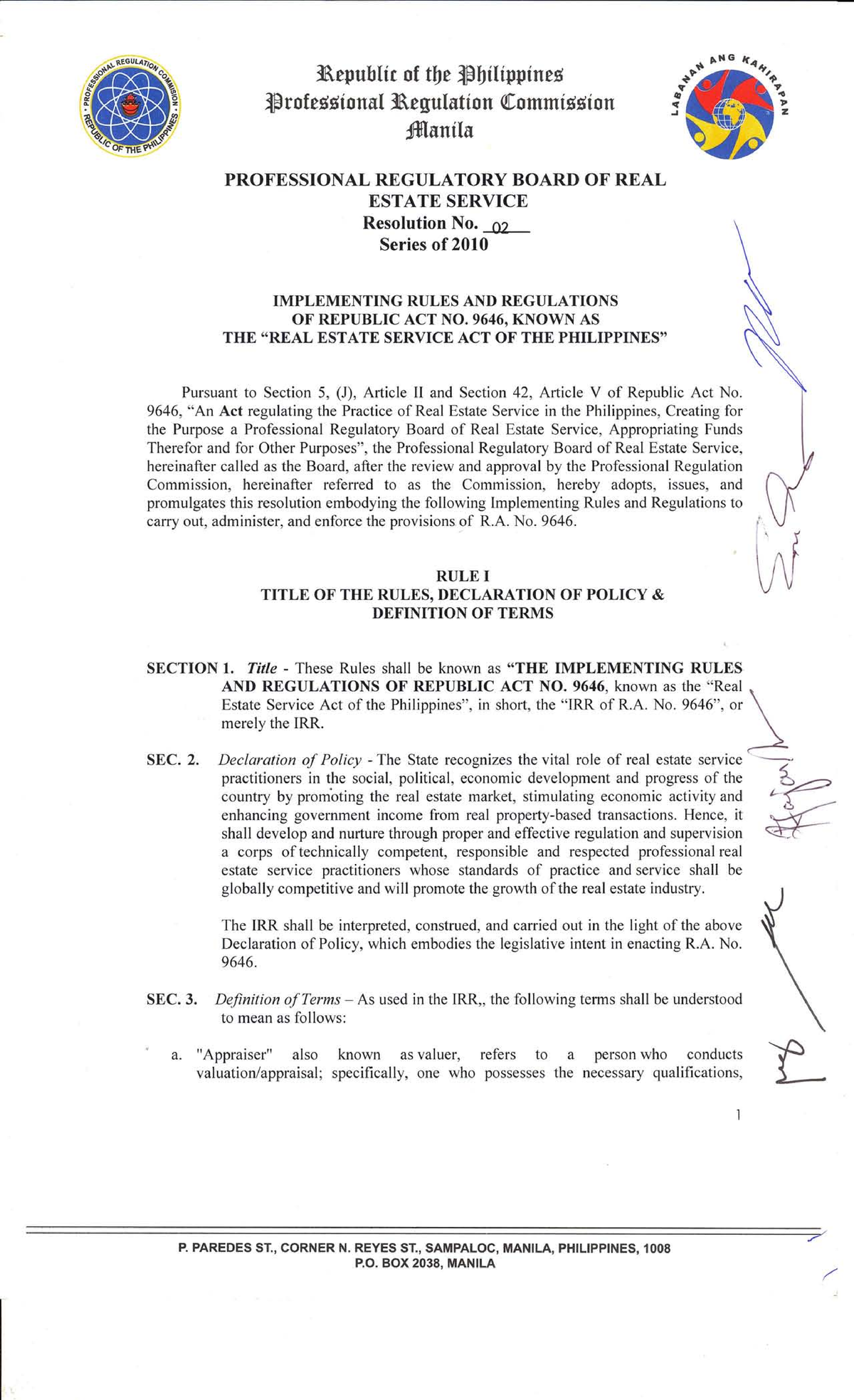 Board of Real Estate Service - Implementing Rules and Regulation 0 ...