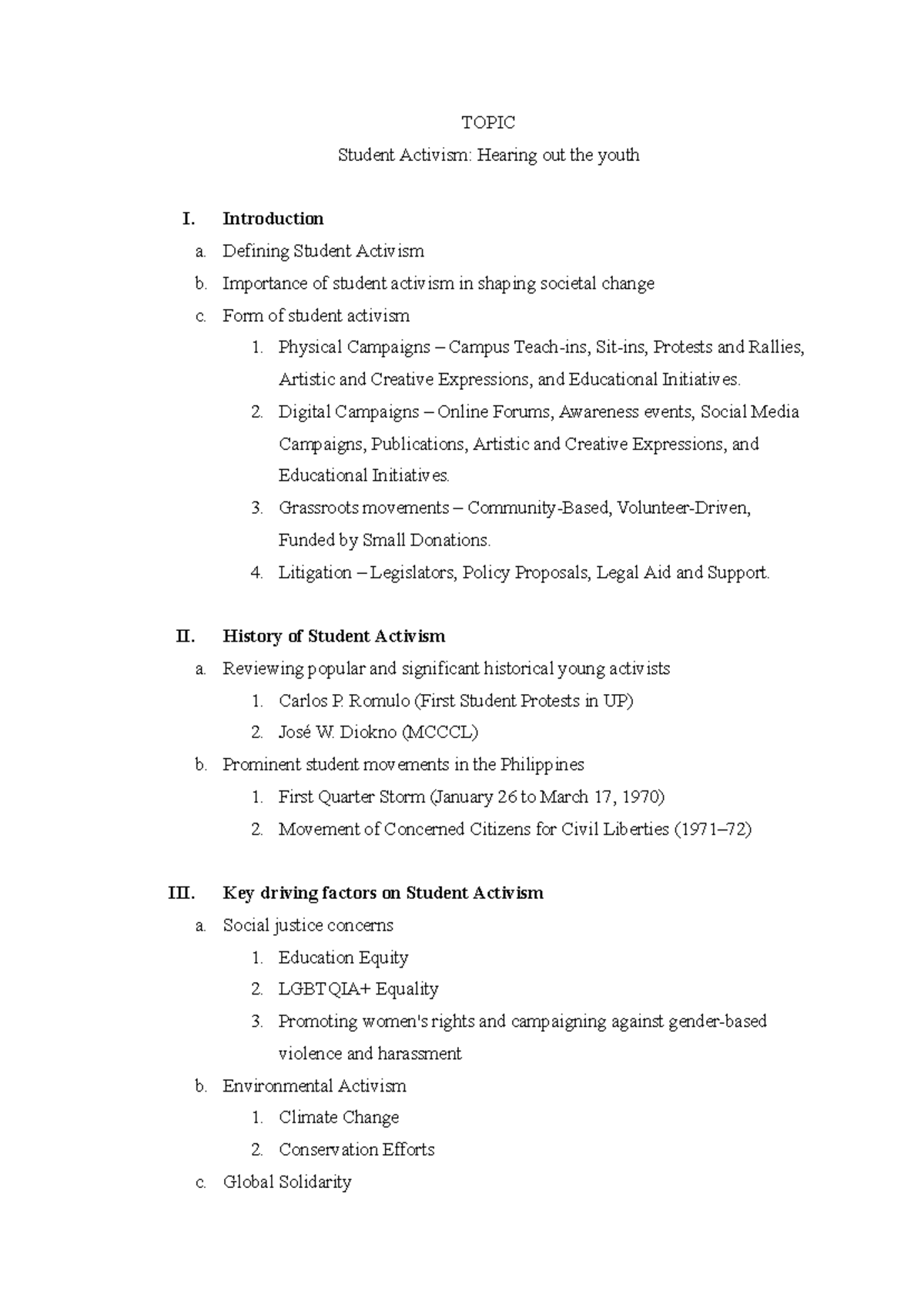 Student Activism TOPIC OUTLINE - TOPIC Student Activism: Hearing out ...