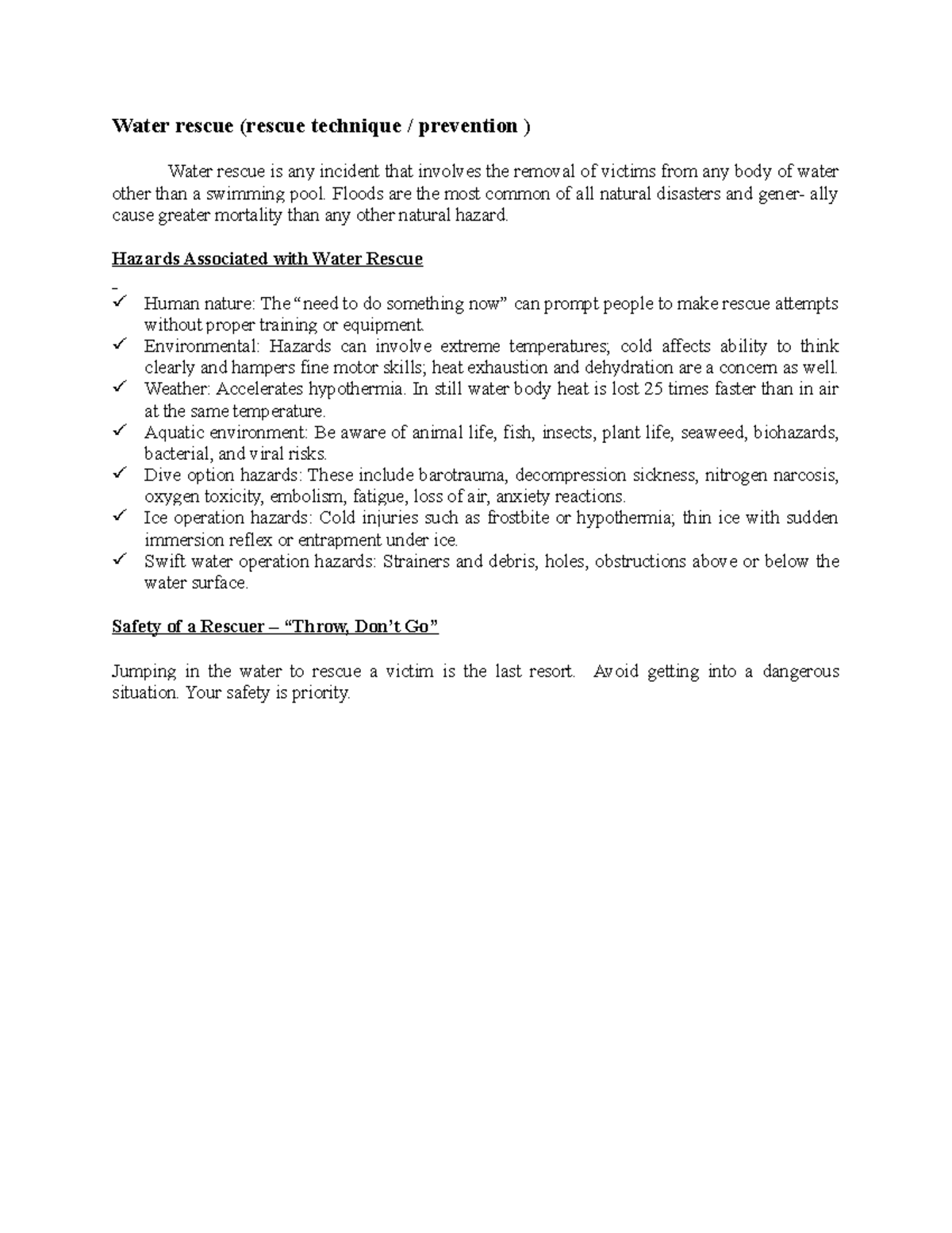 1 - none - Water rescue (rescue technique / prevention ) Water rescue ...
